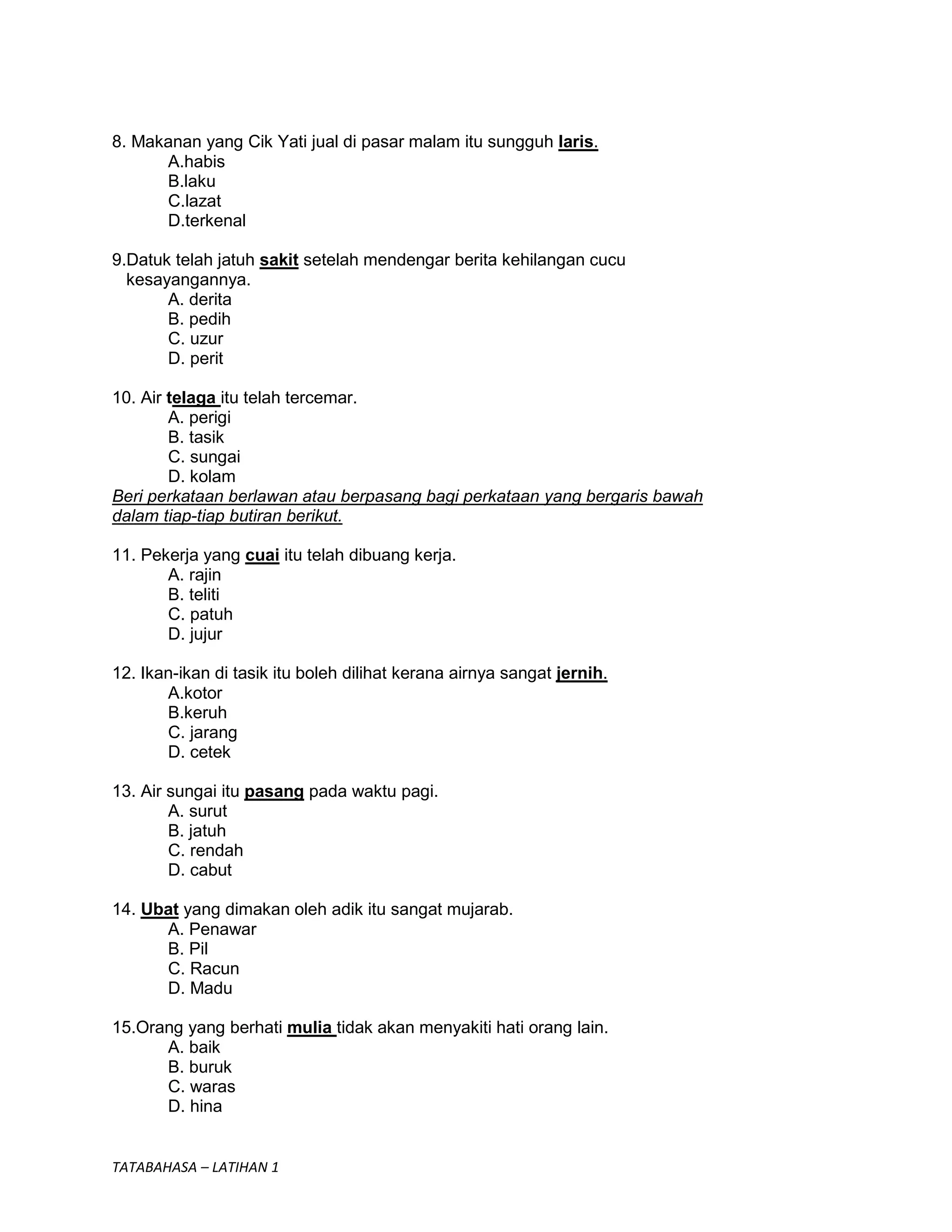 Latihan 1 bm tatabahasa | DOCX