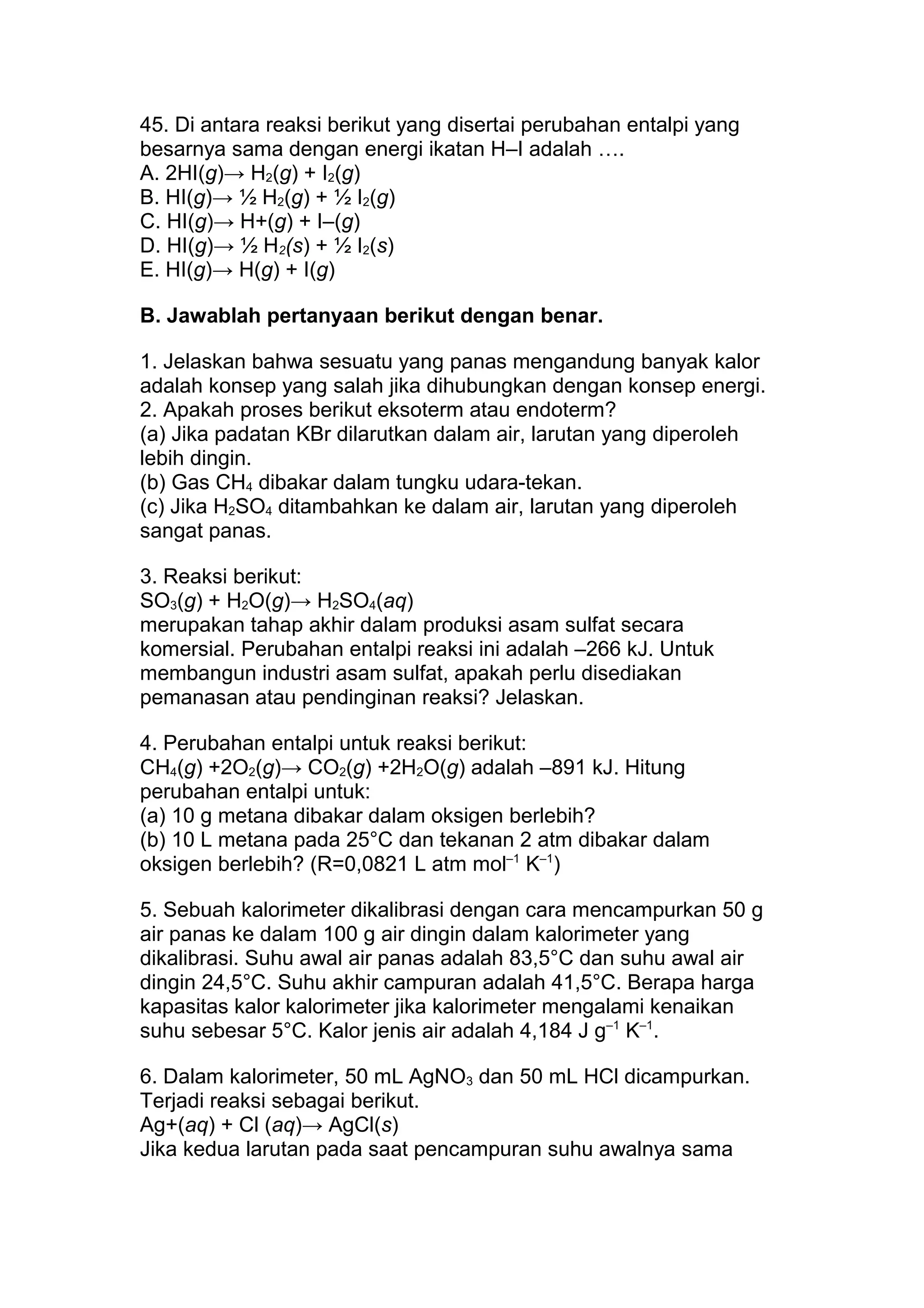 Latihan contoh soal dan jawaban perubahan entalpi | DOC