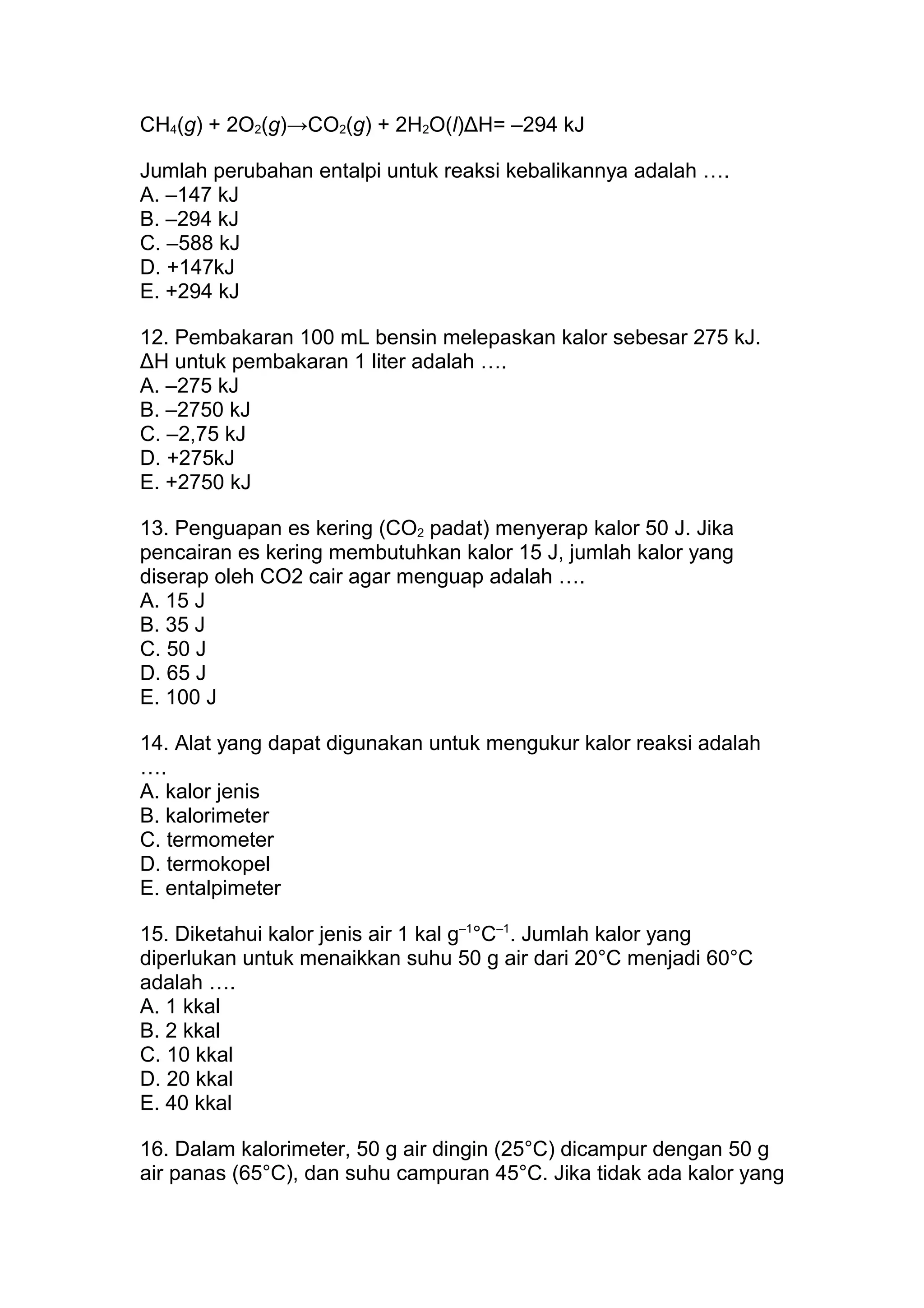 Latihan contoh soal dan jawaban perubahan entalpi | DOC