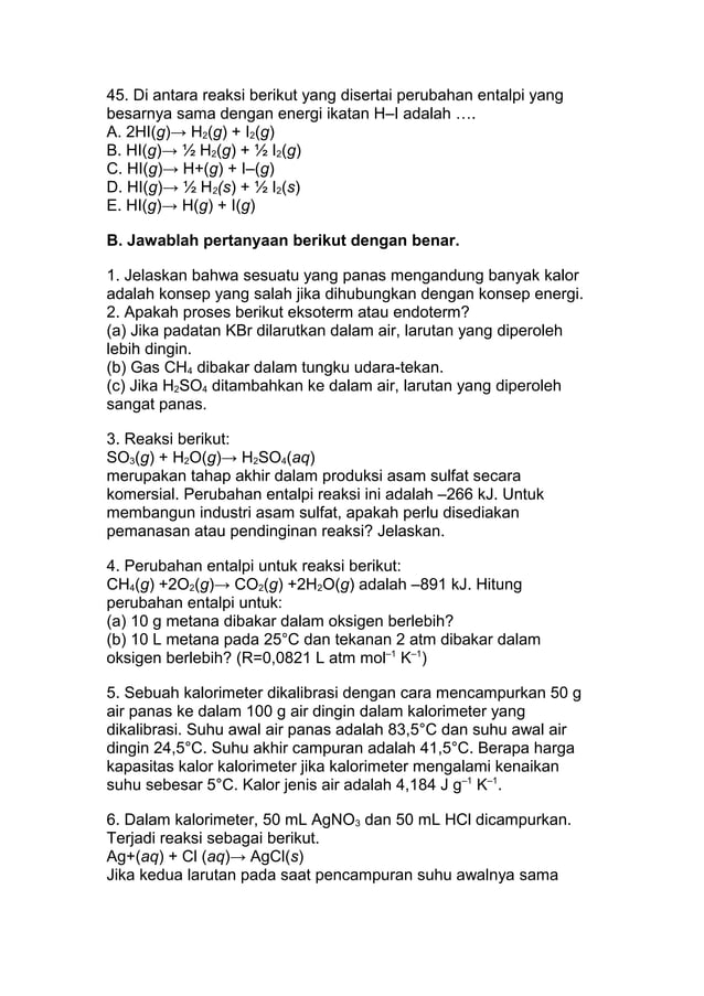 Latihan contoh soal dan jawaban perubahan entalpi | DOC