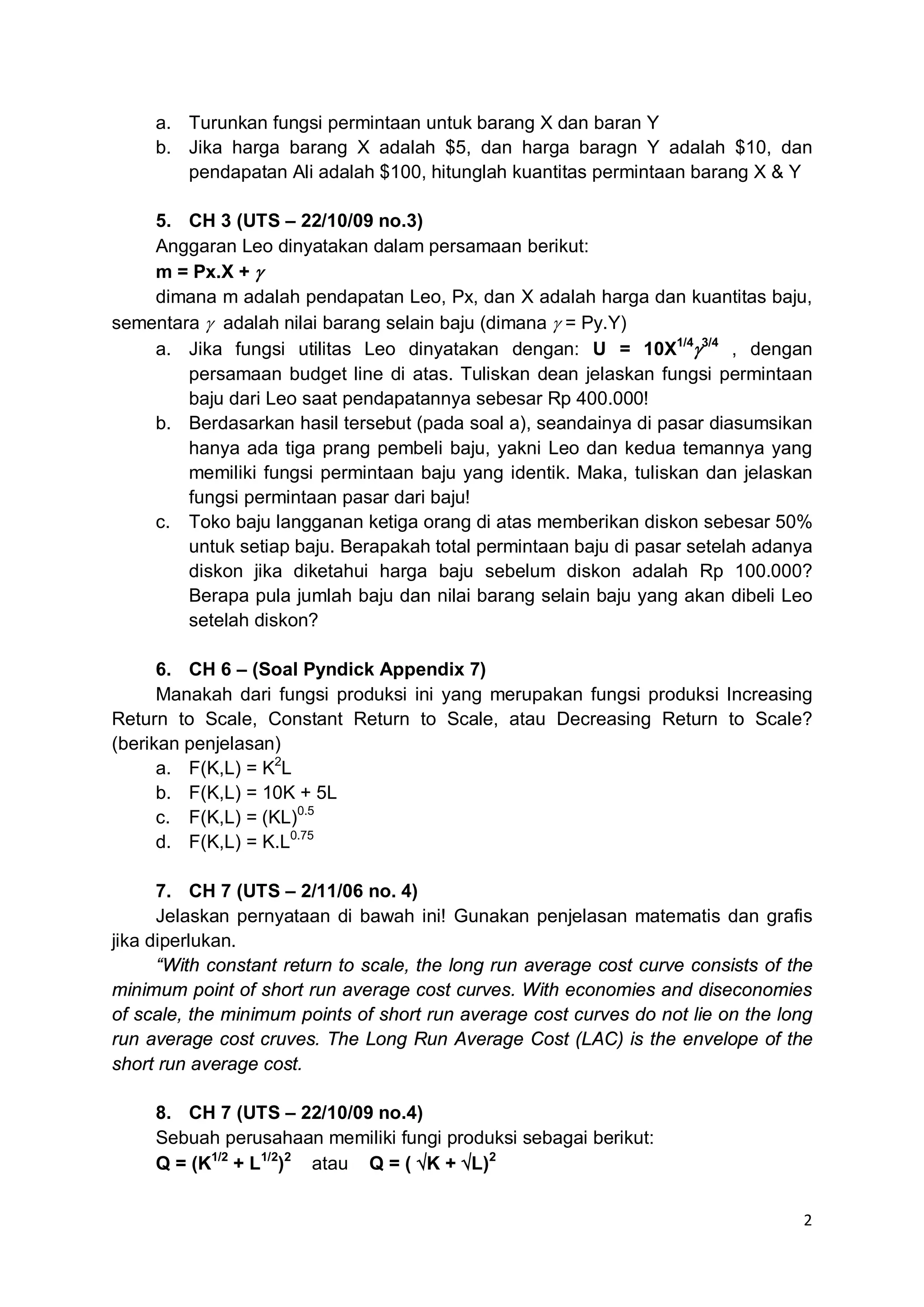 Latihan + jawaban mikro 1 (uts) - FEUI | PDF