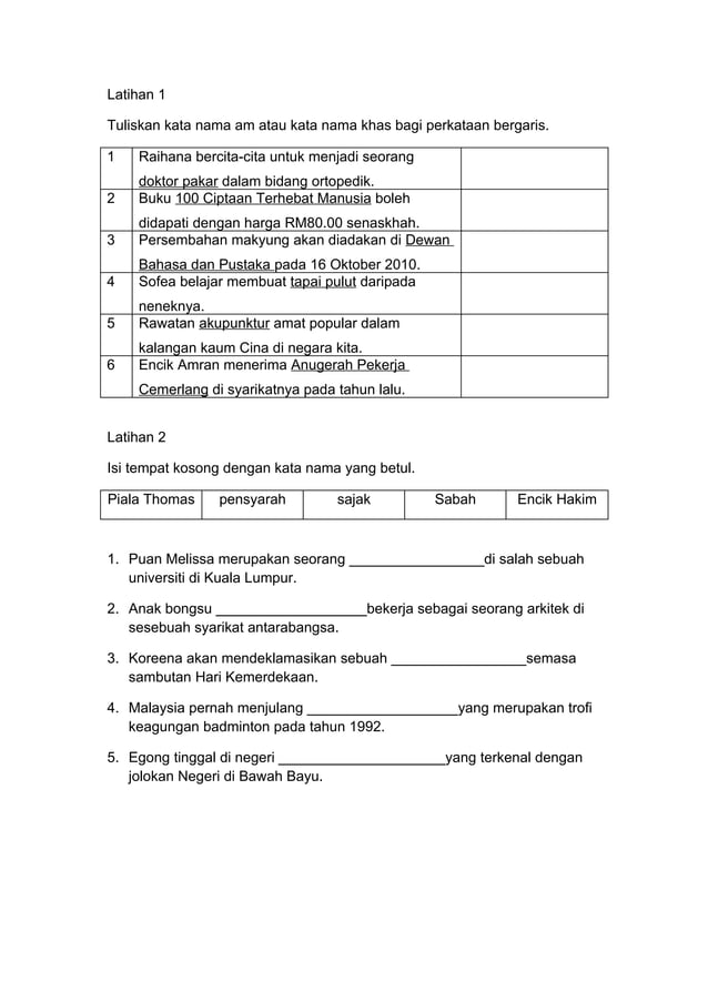 Latihan kata nama tahun 6 | DOC