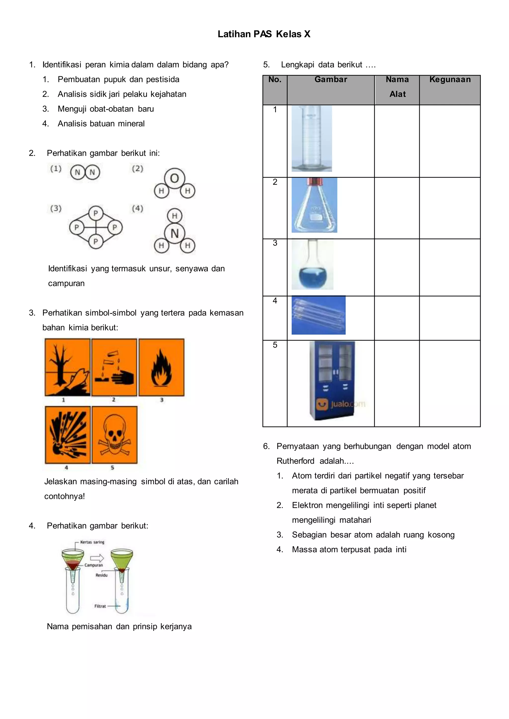 SOAL LATIHAN PENILAIAN AKHIR SEMESTER (PAS) KIMIA KELAS X | DOC
