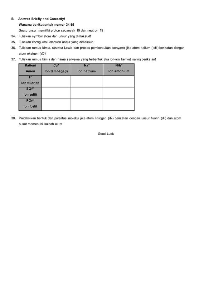 SOAL LATIHAN PENILAIAN AKHIR SEMESTER (PAS) KIMIA KELAS X | DOC