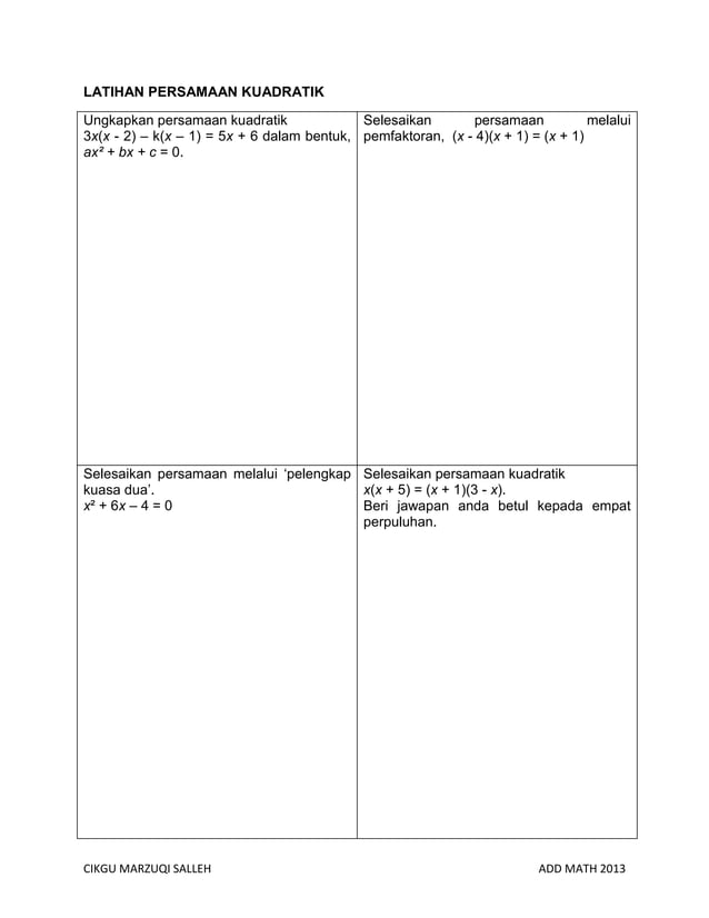 Matematik Tambahan: Persamaan kuadratik | PDF