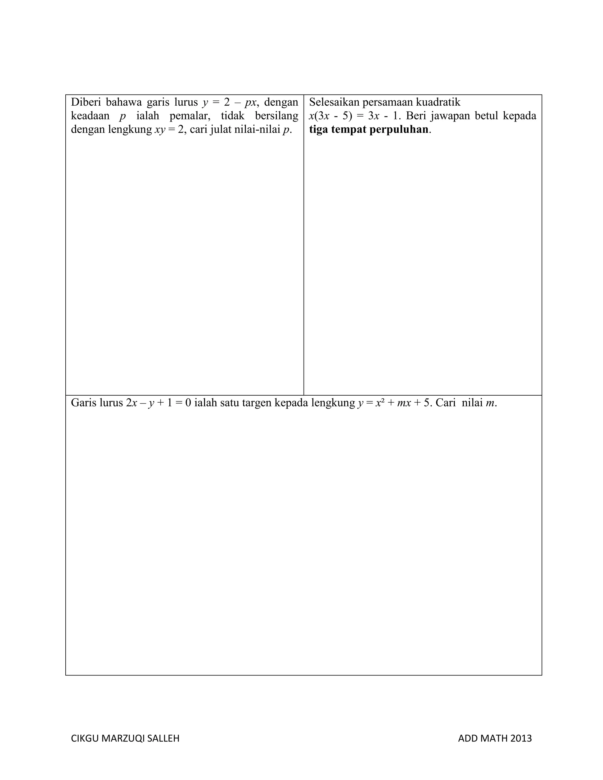 Matematik Tambahan: Persamaan kuadratik | PDF