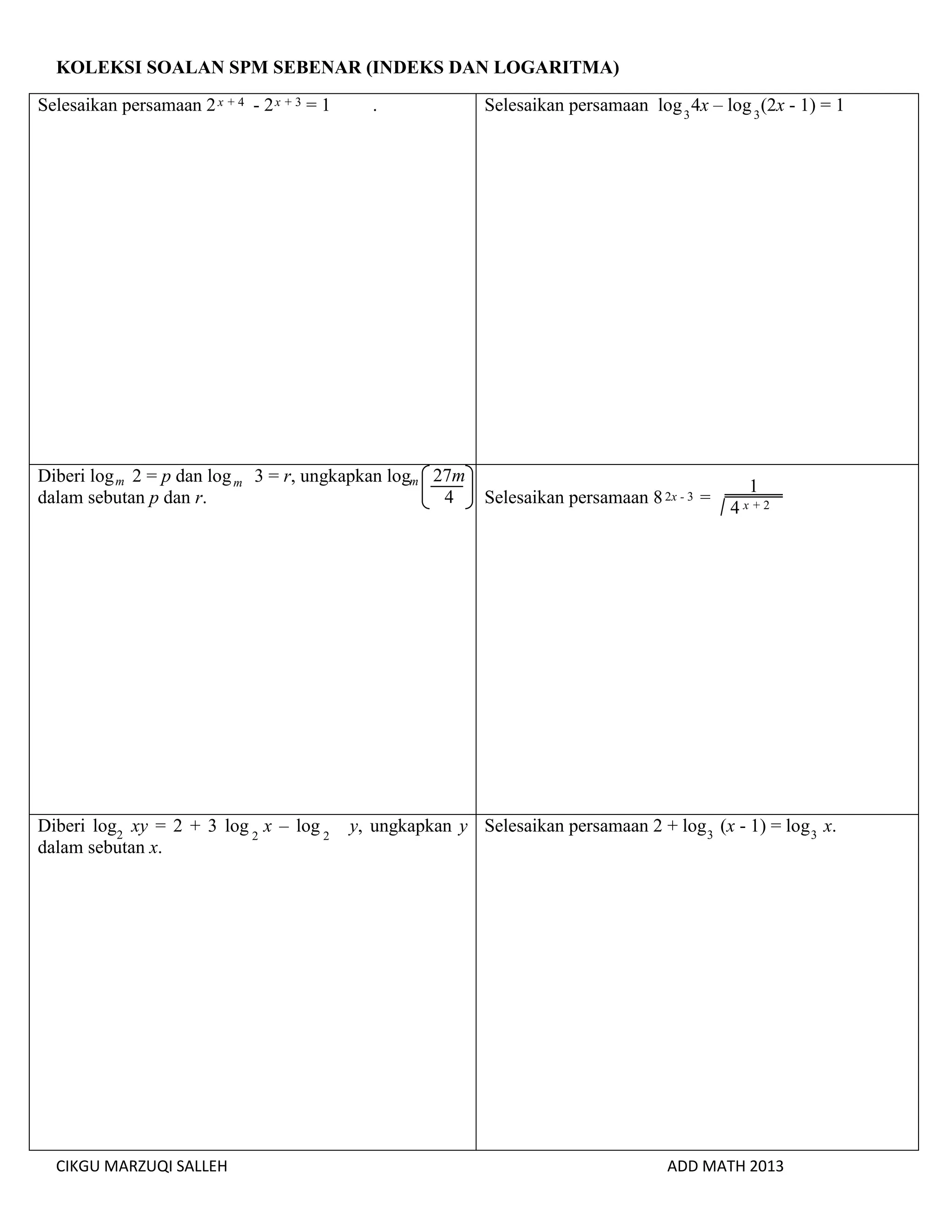 Matematik Tambahan: Index dan Log (sam) | PDF