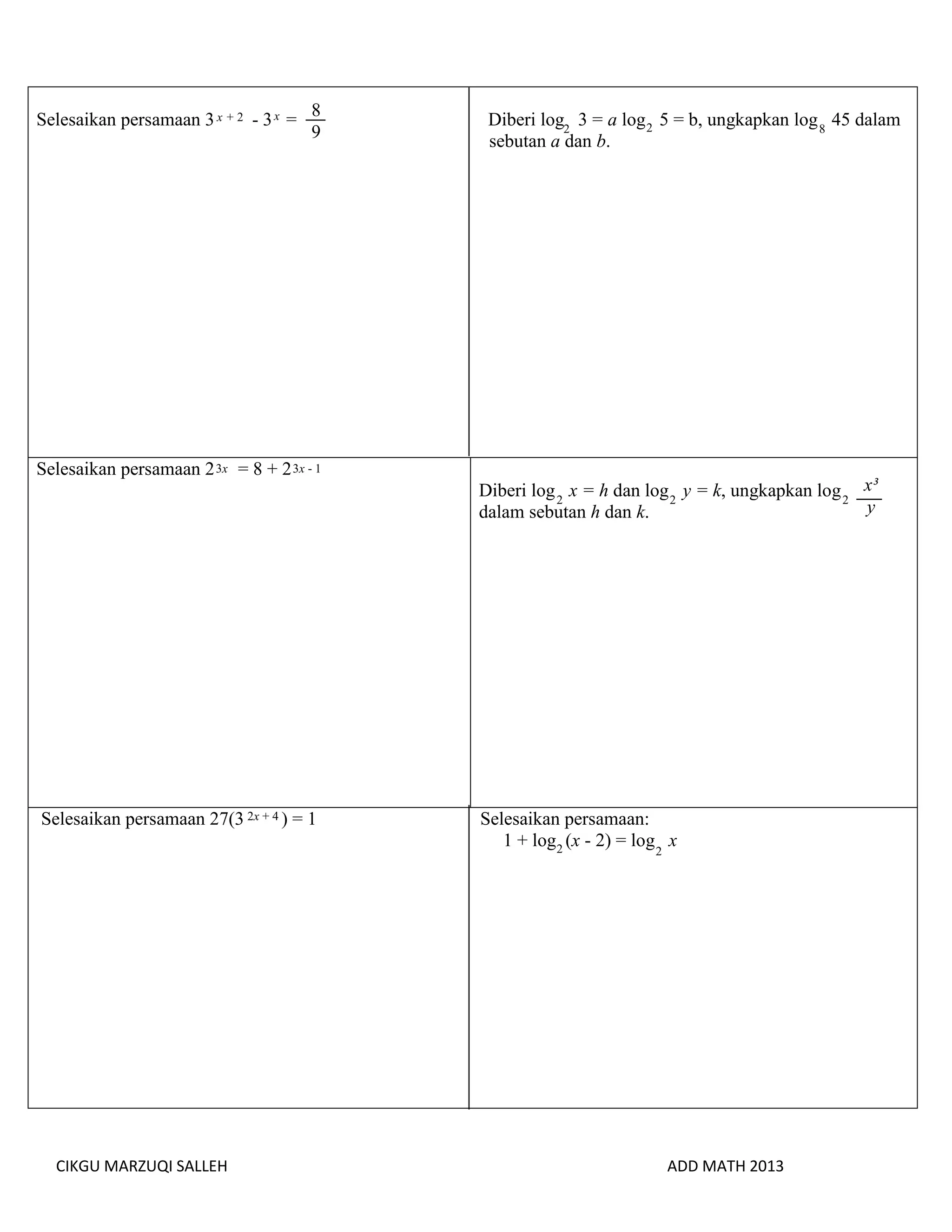 Matematik Tambahan: Index dan Log (sam) | PDF