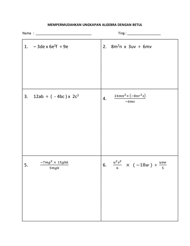 Latihan mempermudahkan ungkapan algebra dengan betul | PDF
