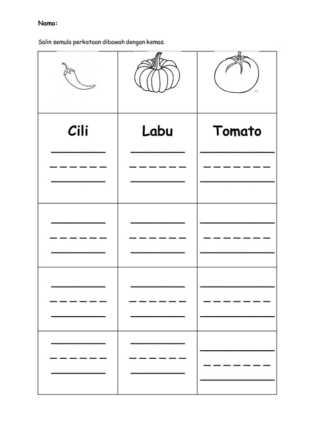 Lembaran kerja Tema Sayur Sayuran | DOCX