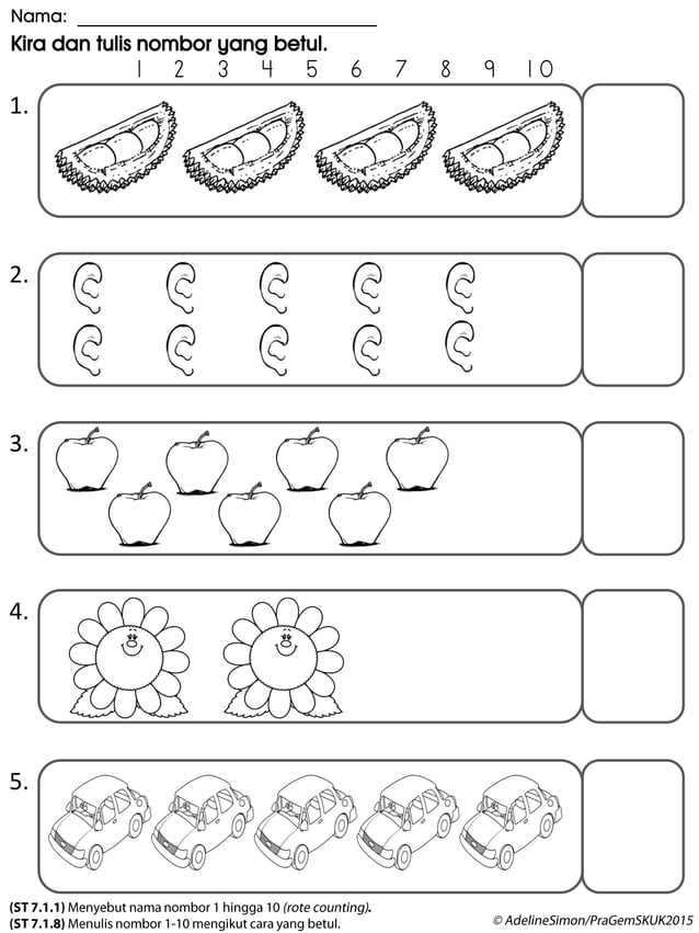 Latihan numerasi kira dan tuliskan nombor yang betul (1)