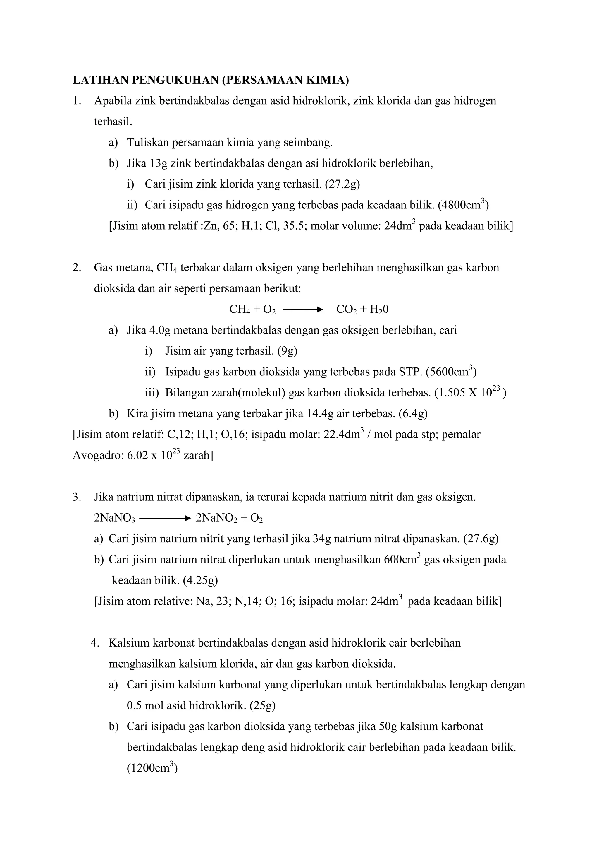 Latihan pengukuhan persamaan kimia tingkatan 4 | DOC
