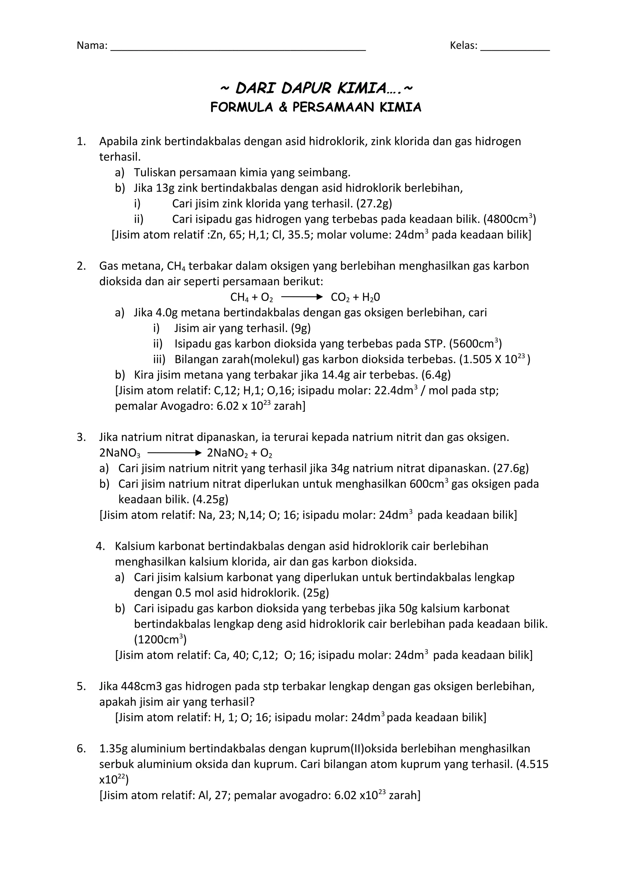 Persamaan kimia Form 4 | DOC