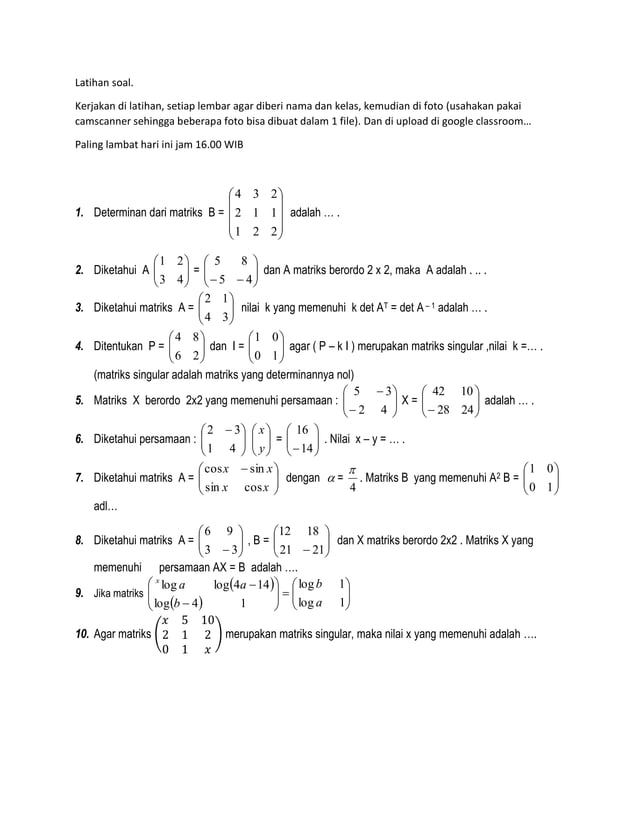 Latihan soal Matriks kelas XI SMA | PDF