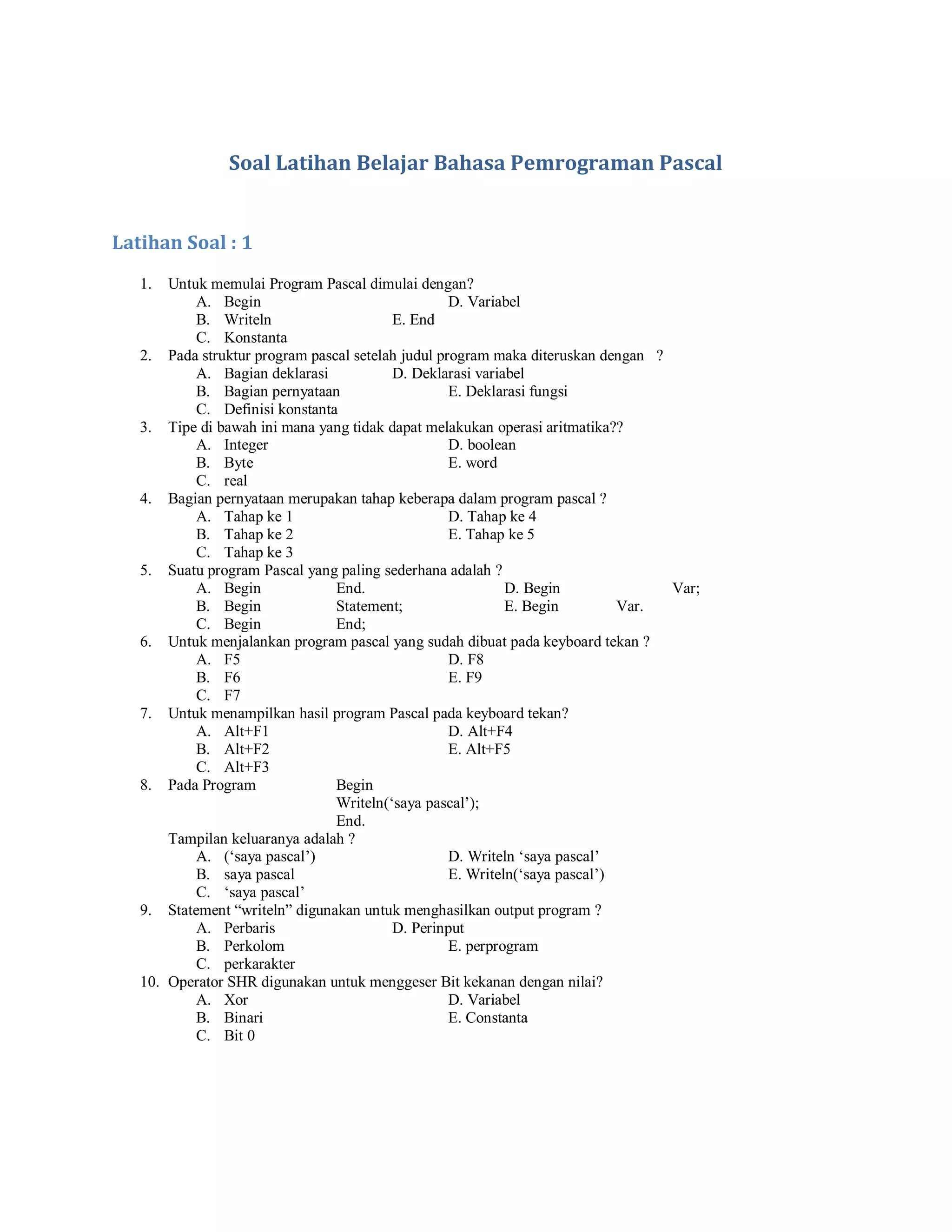Latihan soal 1 Pengenalan Bahasa Pascal | PDF