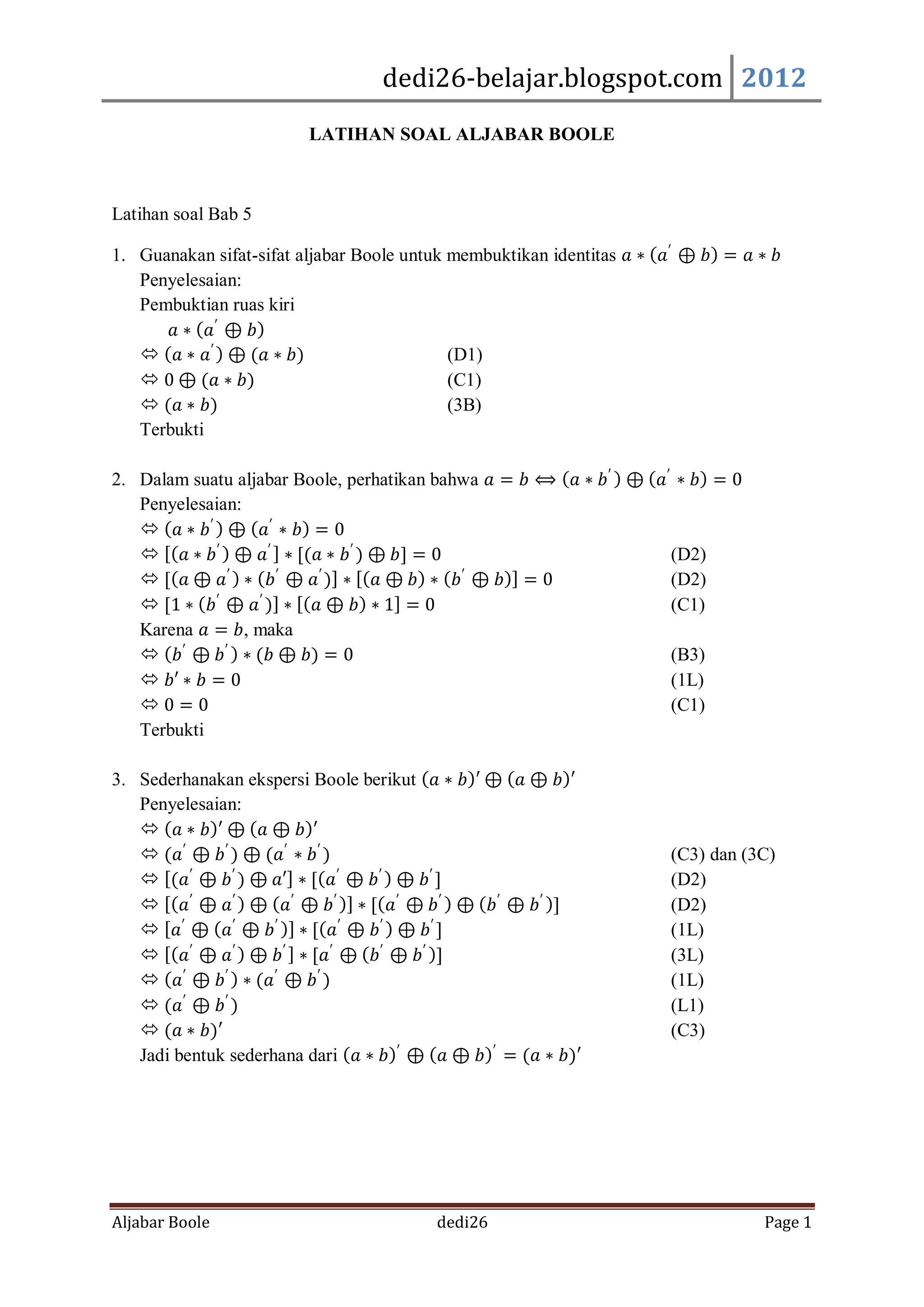 Latihan soal aljabar boole + penyelesaian | PDF