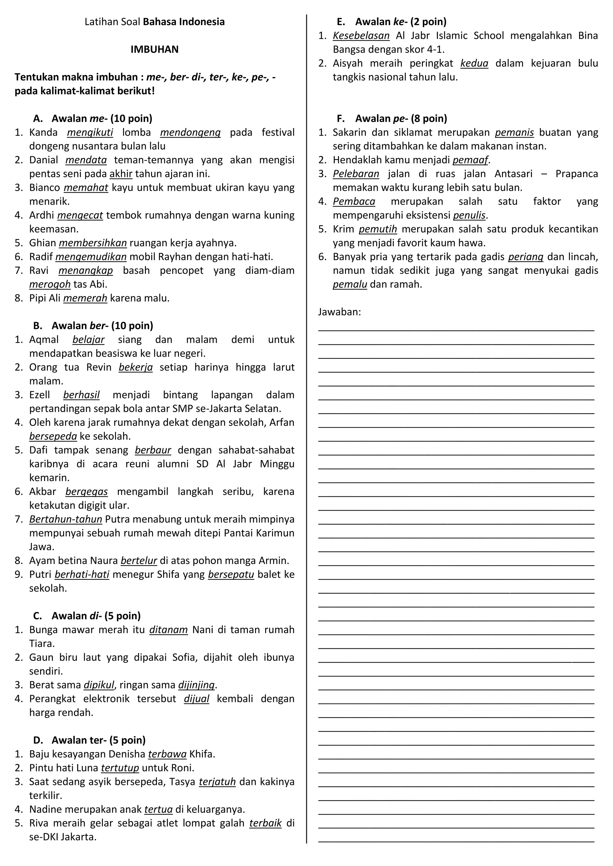 Latihan soal awalan bahasa indonesia | DOCX