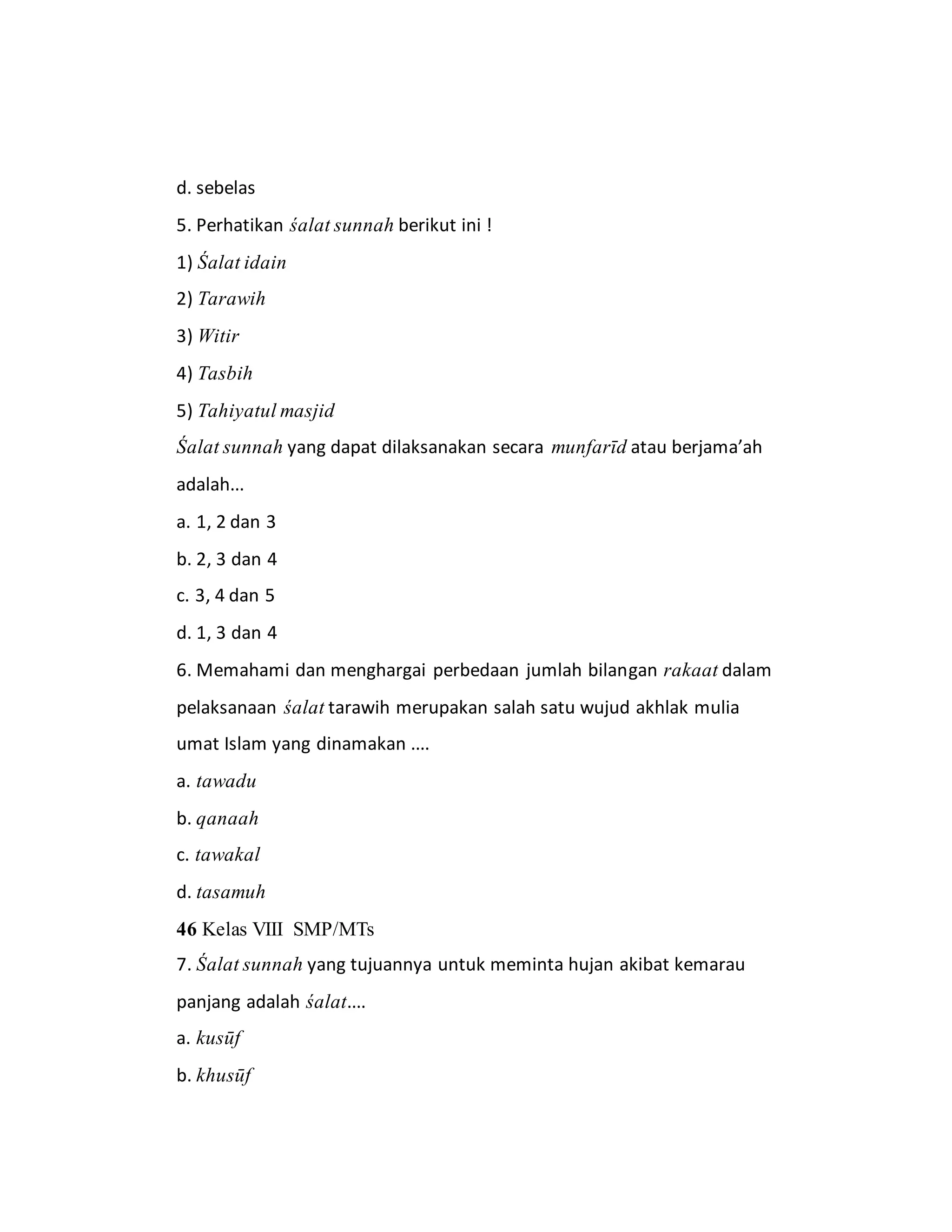 Latihan soal bab ii sholat sunnah | DOCX