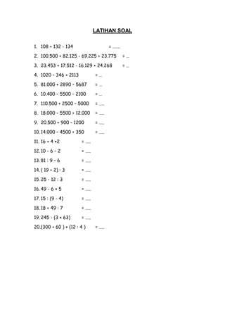Latihan Soal Bilangan Cacah kelas 6 semester 1 | DOCX