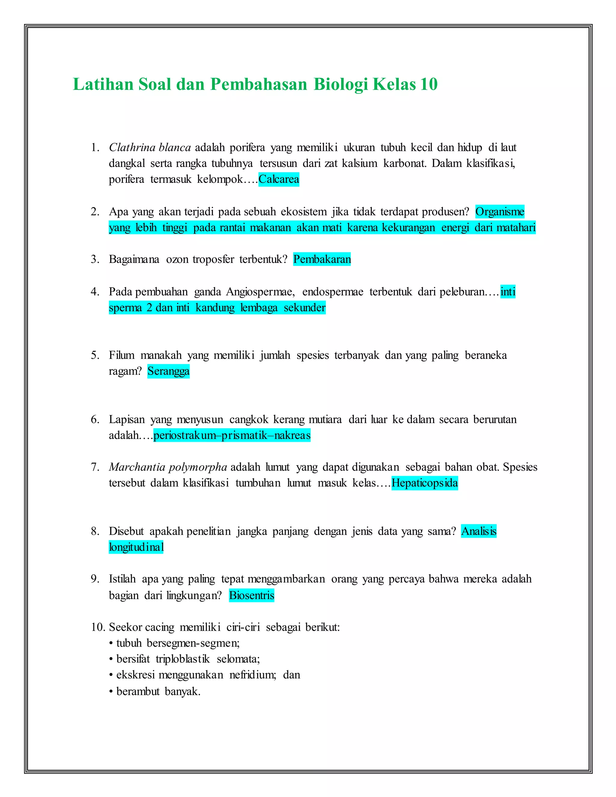 Biologi Kelas 10 Soal Latihan dan Pembahasan | PDF