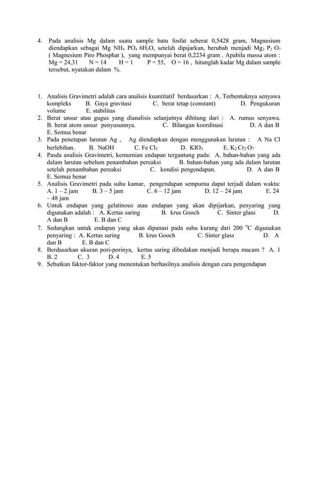 ITP UNS SEMESTER 2 Latihan soal gravimetri & jawaban | DOC