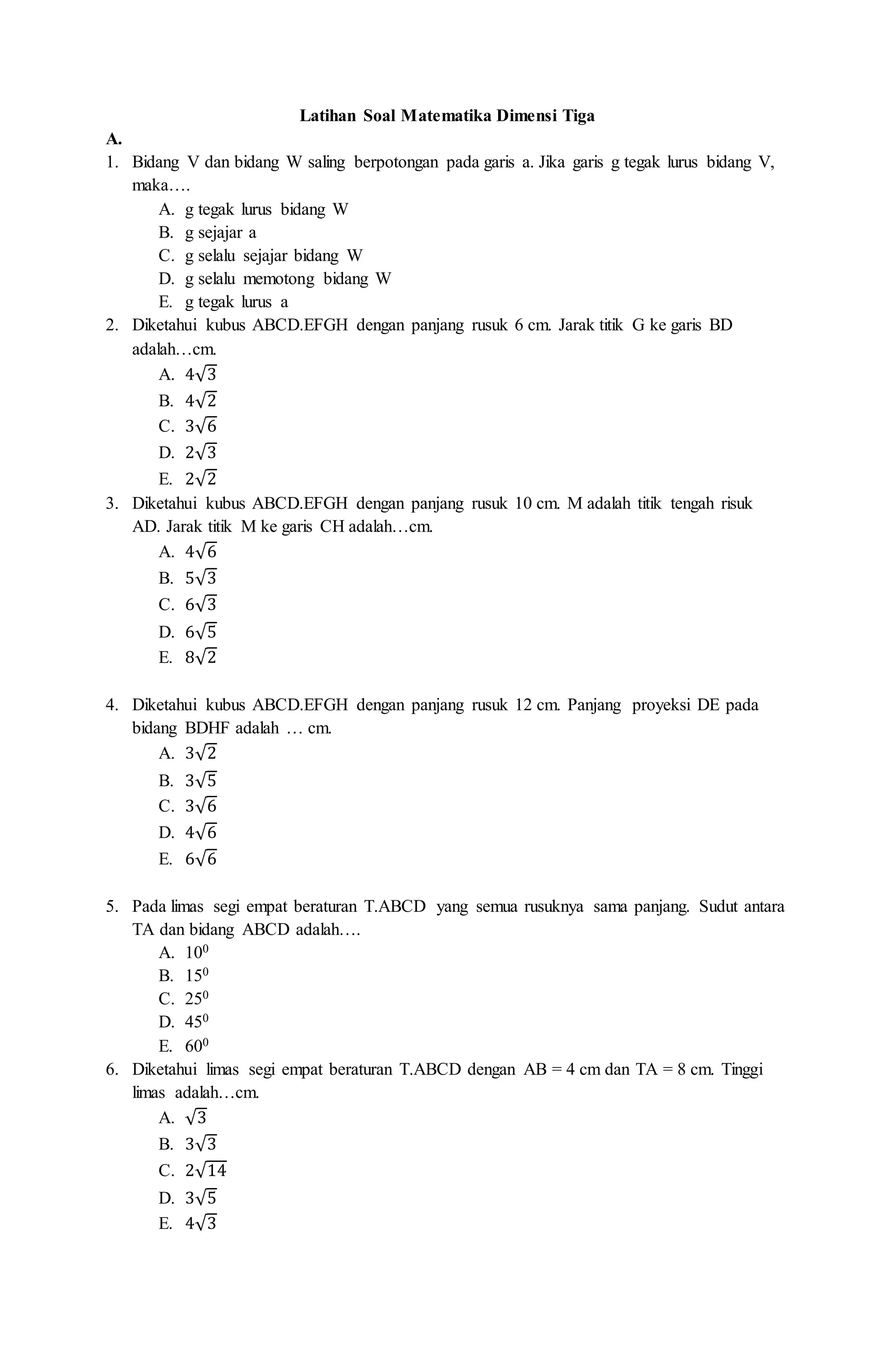 Soal Matematika Dimensi Tiga | DOCX