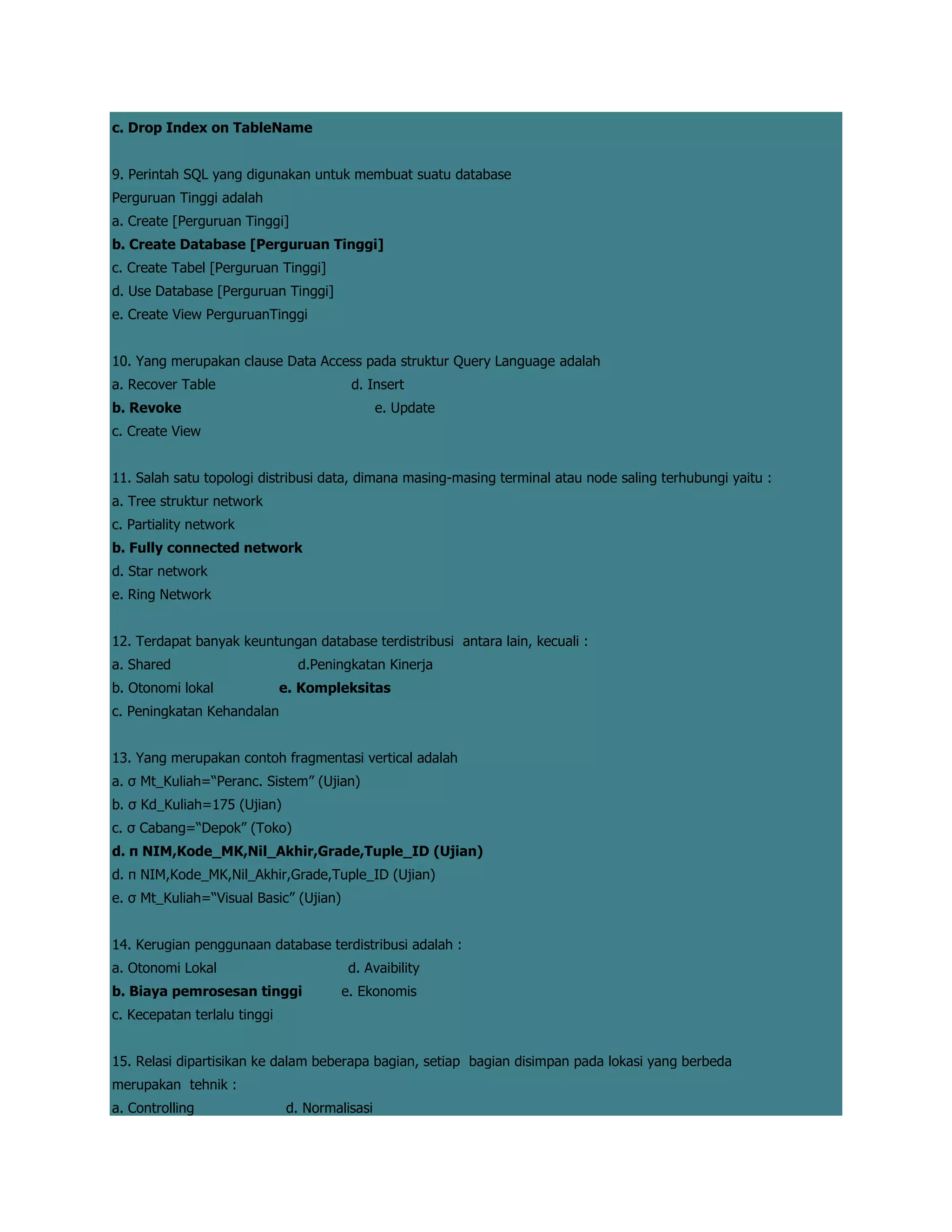 Latihan soal perancangan basis data bsi mi semester 2 | DOCX