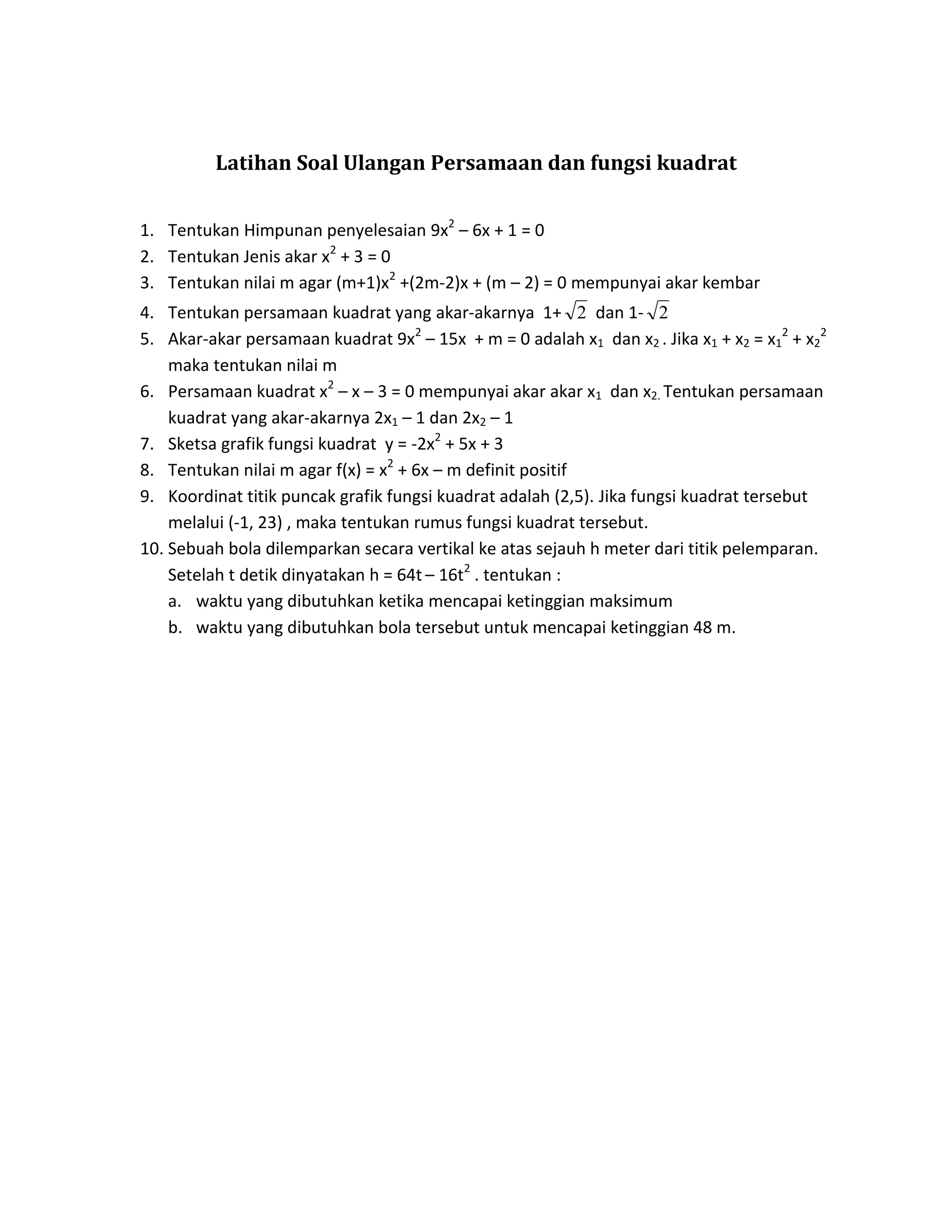 Latihan soal persamaan dan fungsi kuadrat | PDF