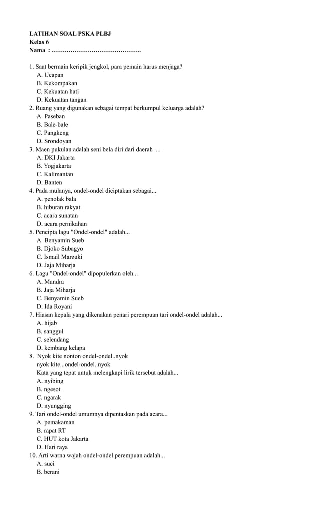 Soal Latihan Tryout PLBJ SD Kelas 6 tahun 2025 | PDF