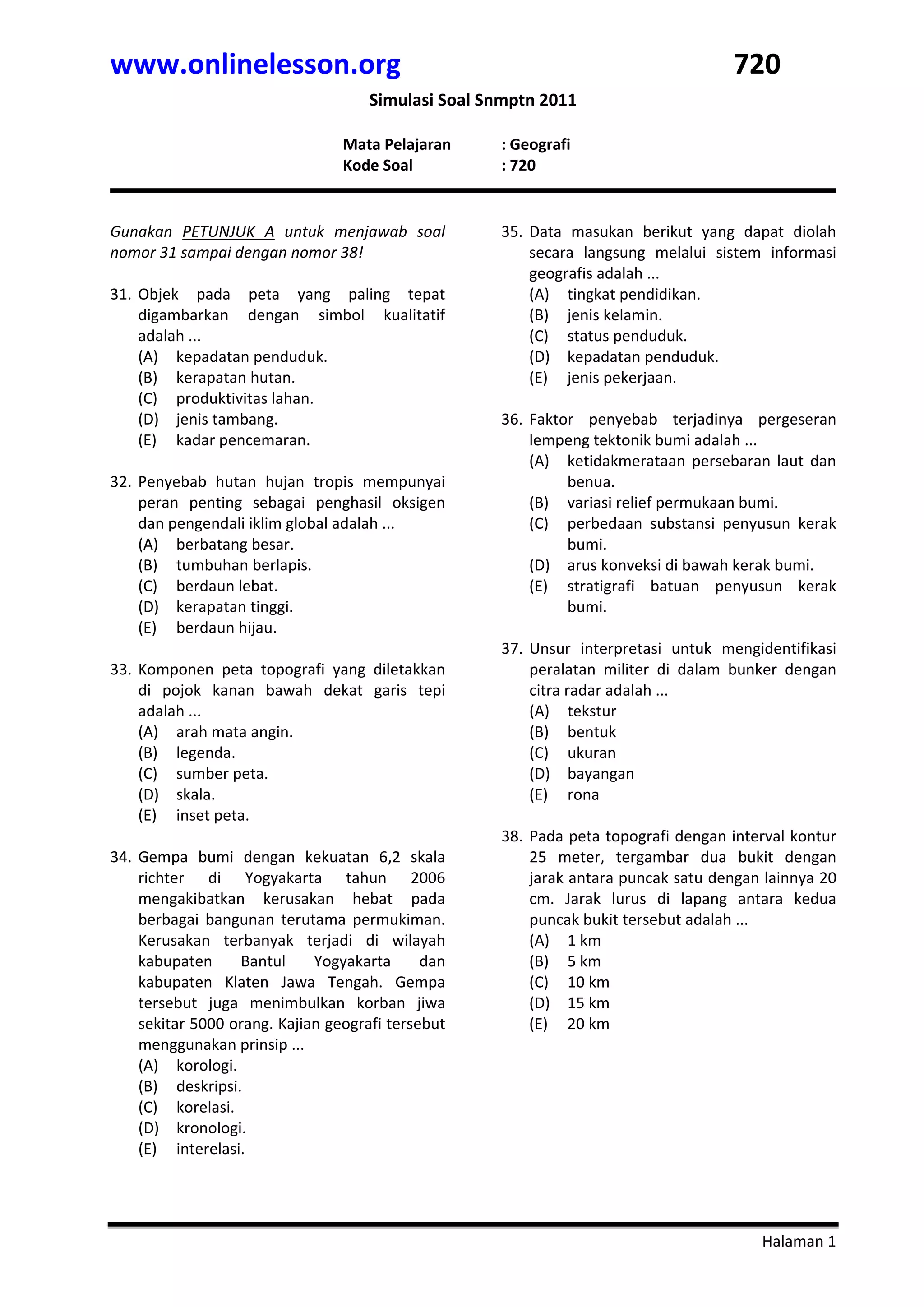 Latihan soal snmptn 2011 geografi | PDF