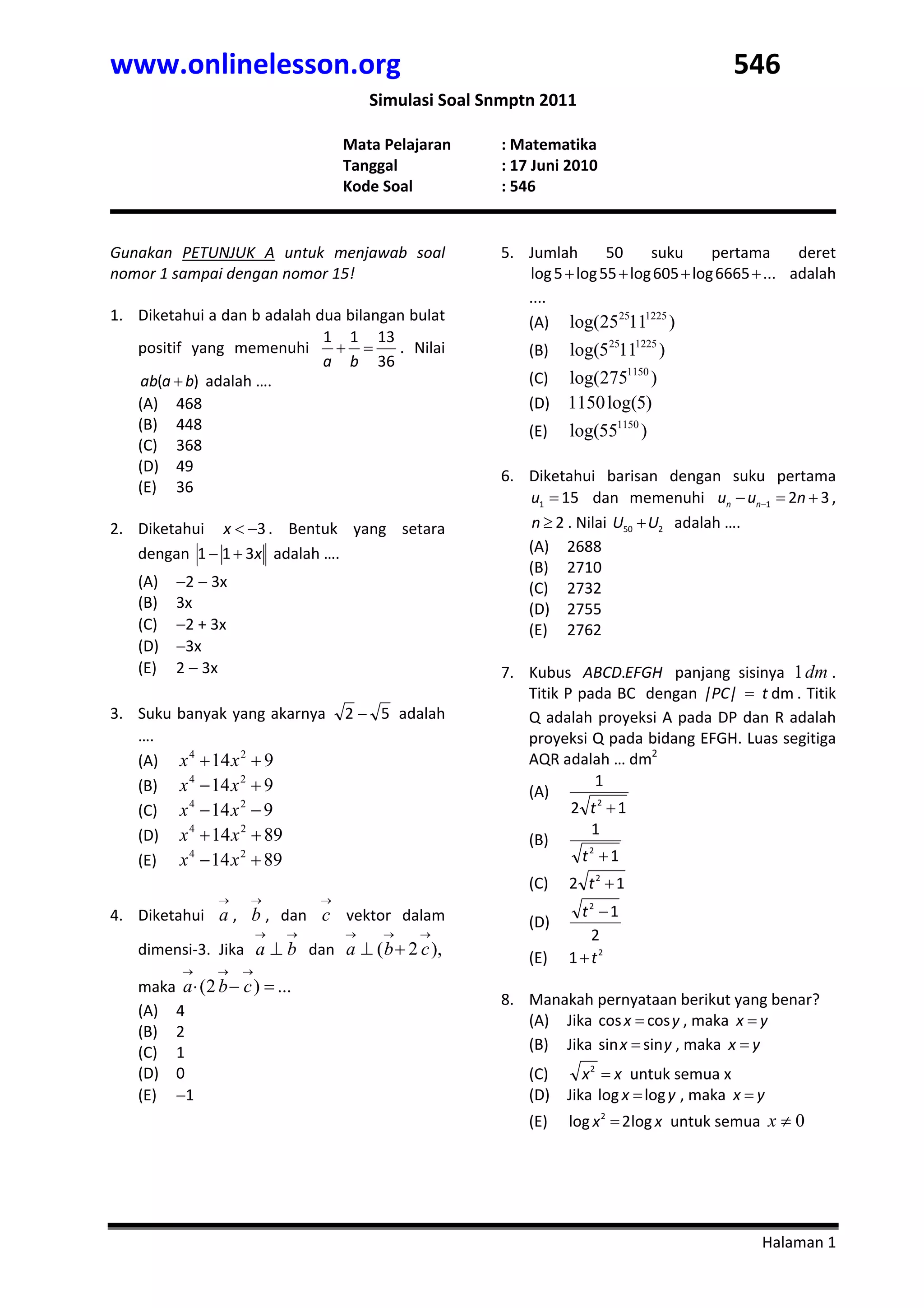Soal SNMPTN Matematika | PDF