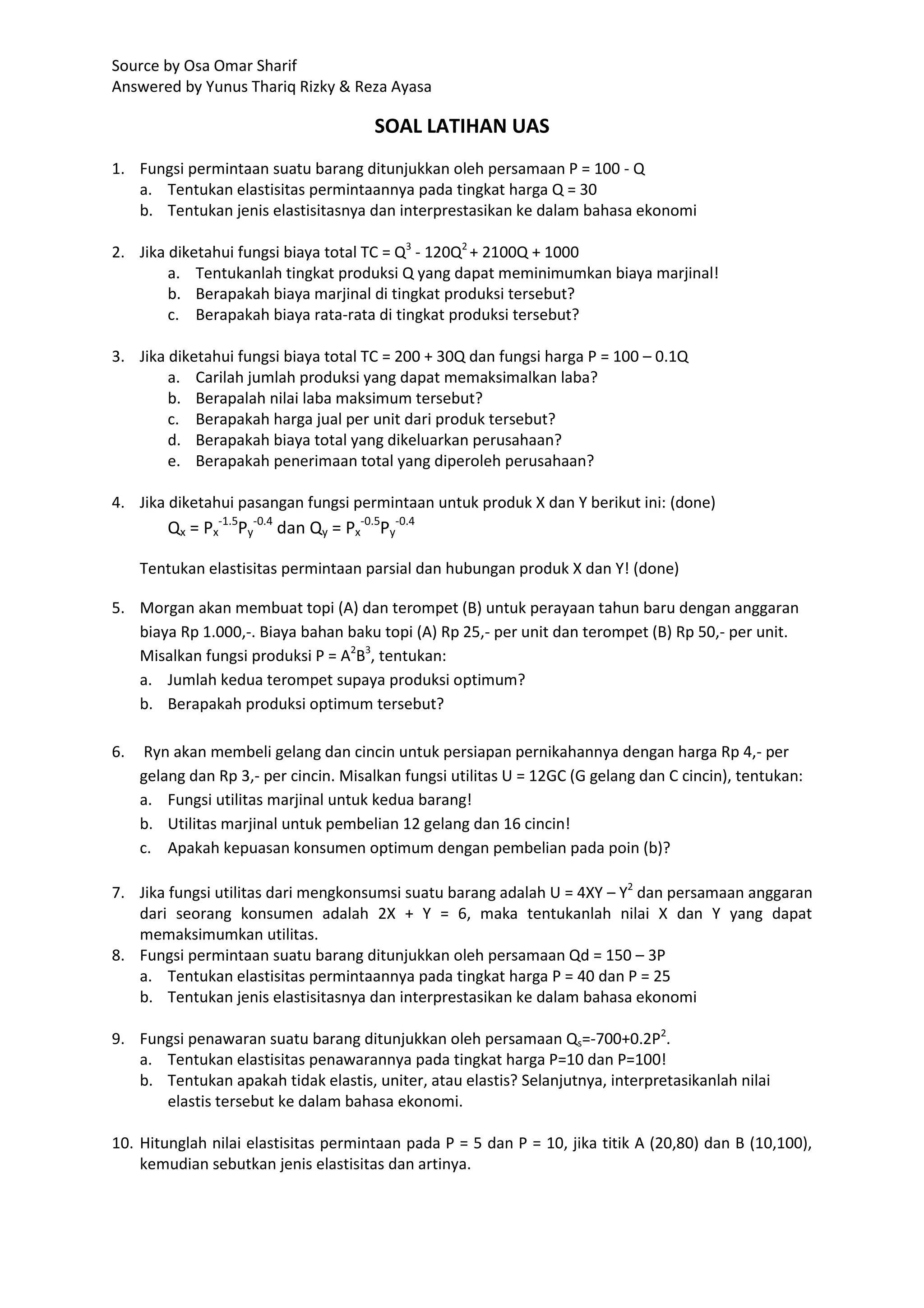 Latihan Soal Matematika Ekonomi + Pembahasan (MBTI - Institut Manajemen Telkom) | DOCX