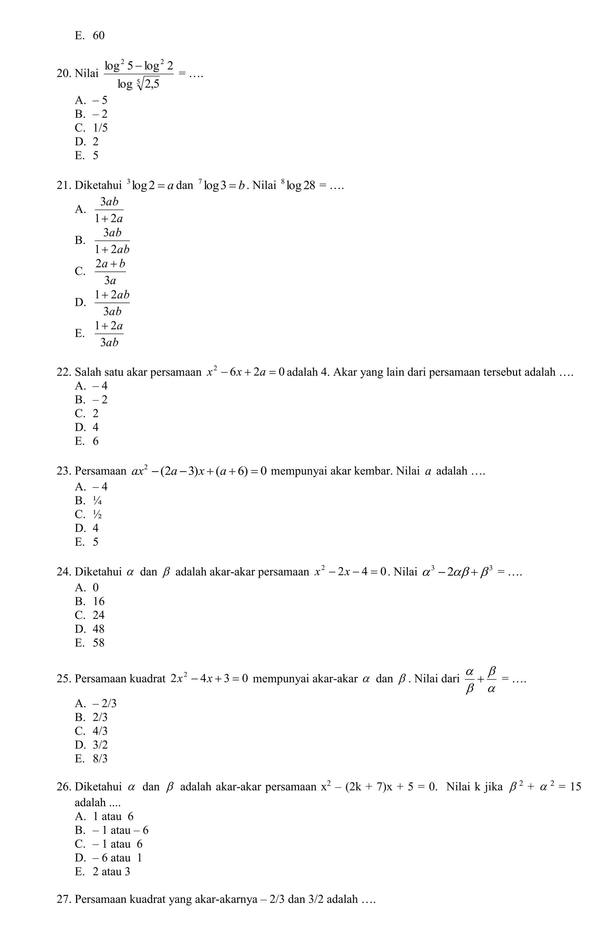 Latihan soal uas matematika kelas 10 semester 1 | PDF