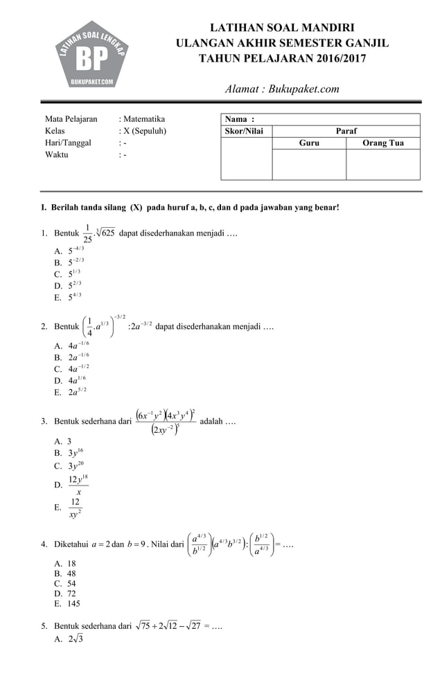 Latihan soal uas matematika kelas 10 semester 1 | PDF