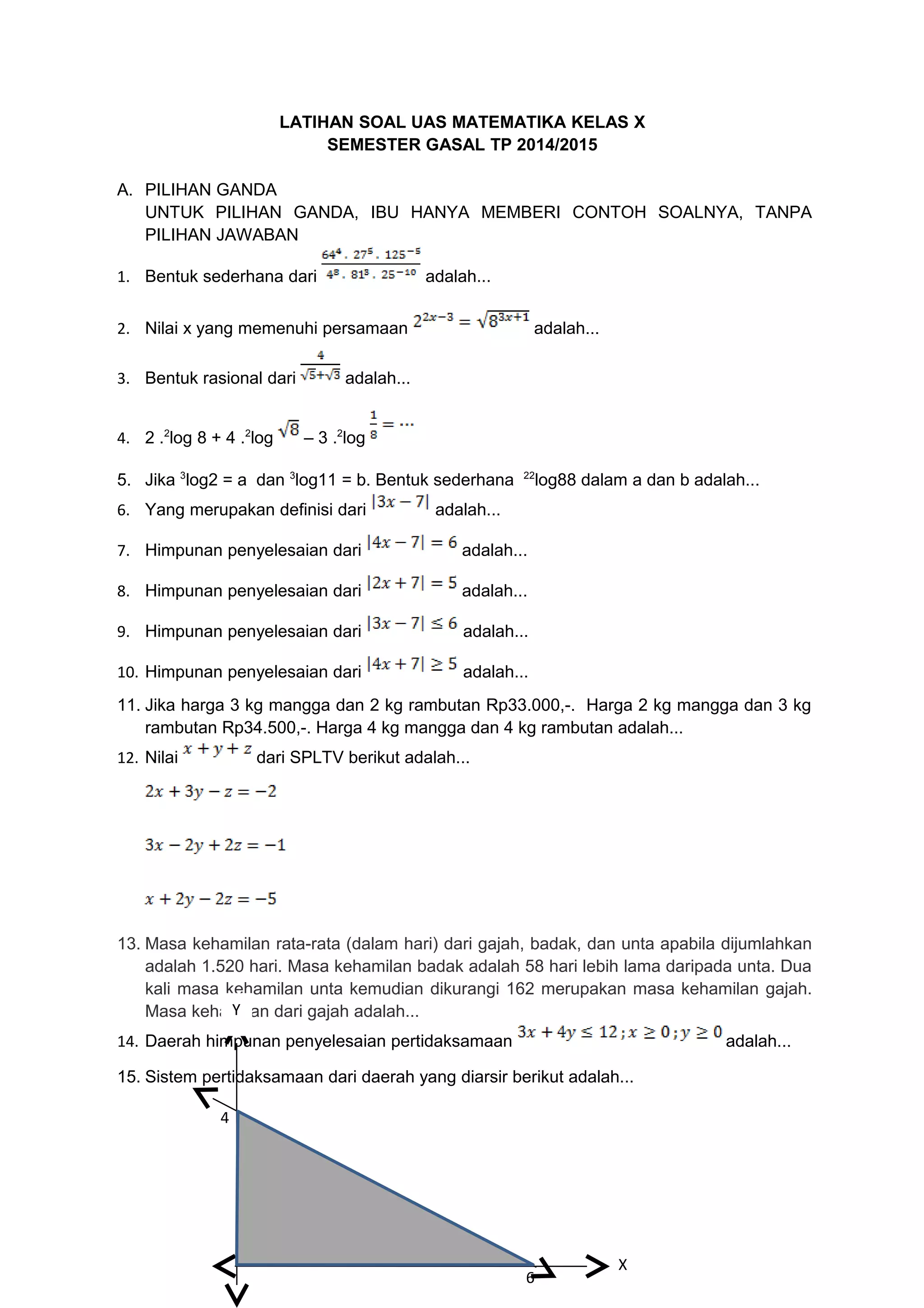LAT. SOAL UAS MATEMATIKA KELAS X SEMESTER GASAL TA 2014/2015 | PDF