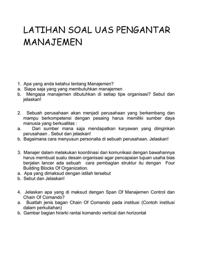 Latihan soal uas pengantar manajemen | DOCX