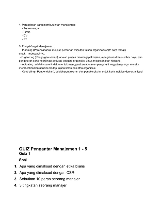 Latihan soal uas pengantar manajemen | DOCX