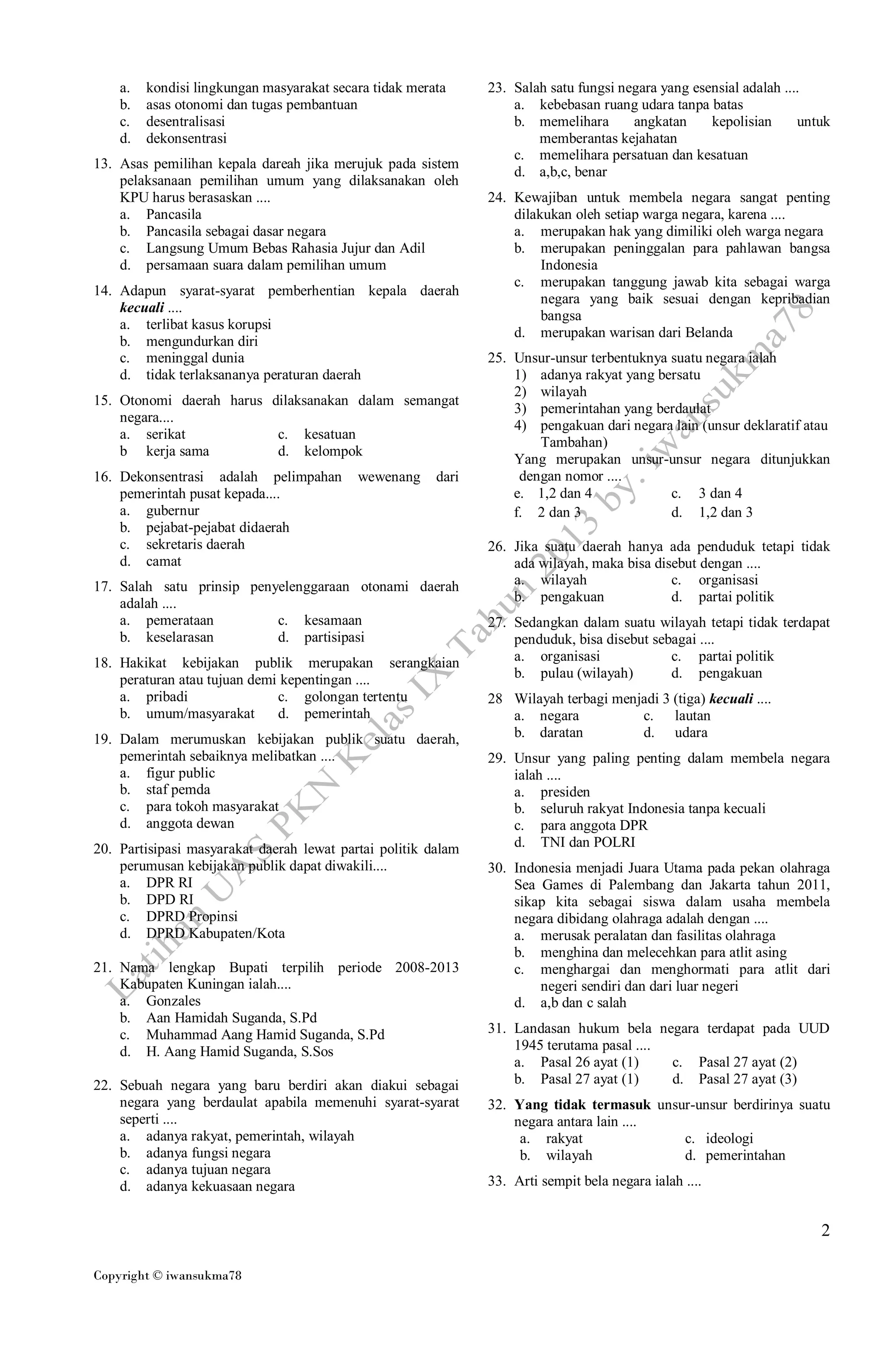 Latihan Soal UAS PKN SMP Kelas IX Tahun Pelajaran 20132014 | PDF | Free Download