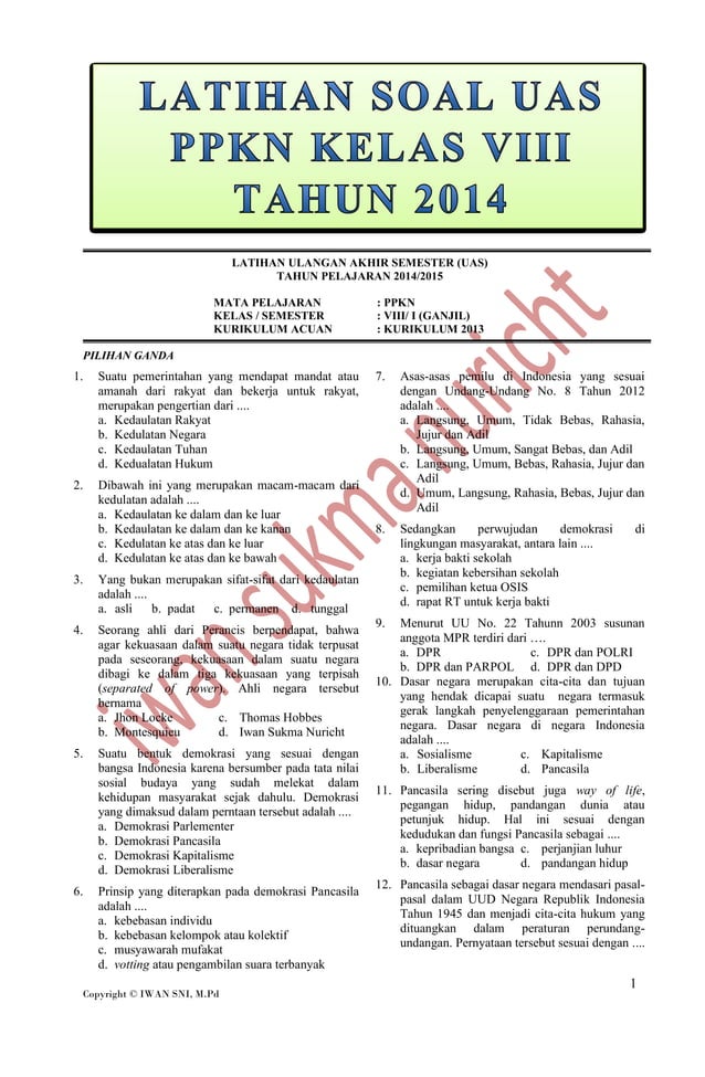 Latihan soal uas ppkn kelas 8 tahun 2014 | PDF