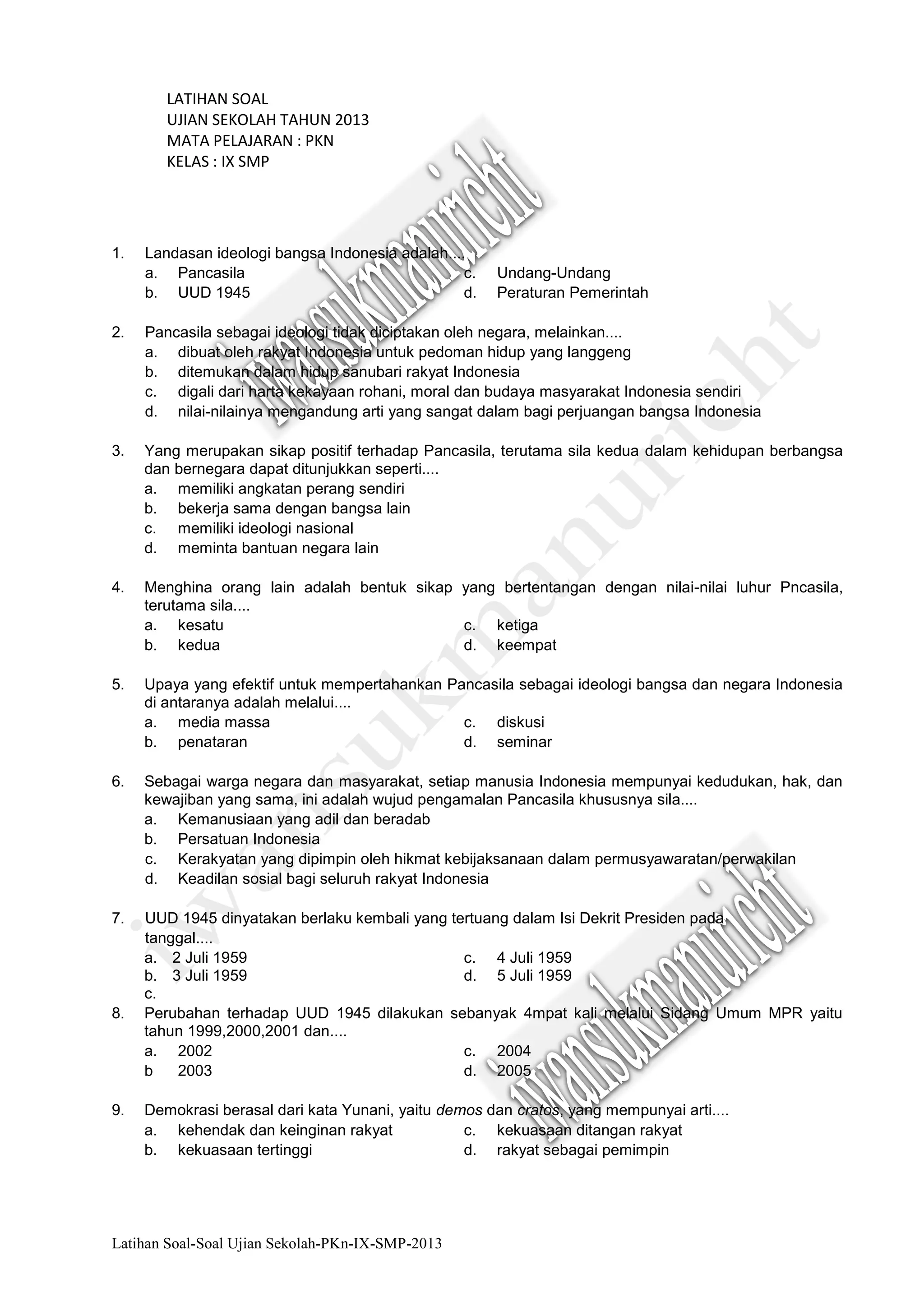Latihan soal ujian sekolah 2013 pkn smp kelas ix | PDF