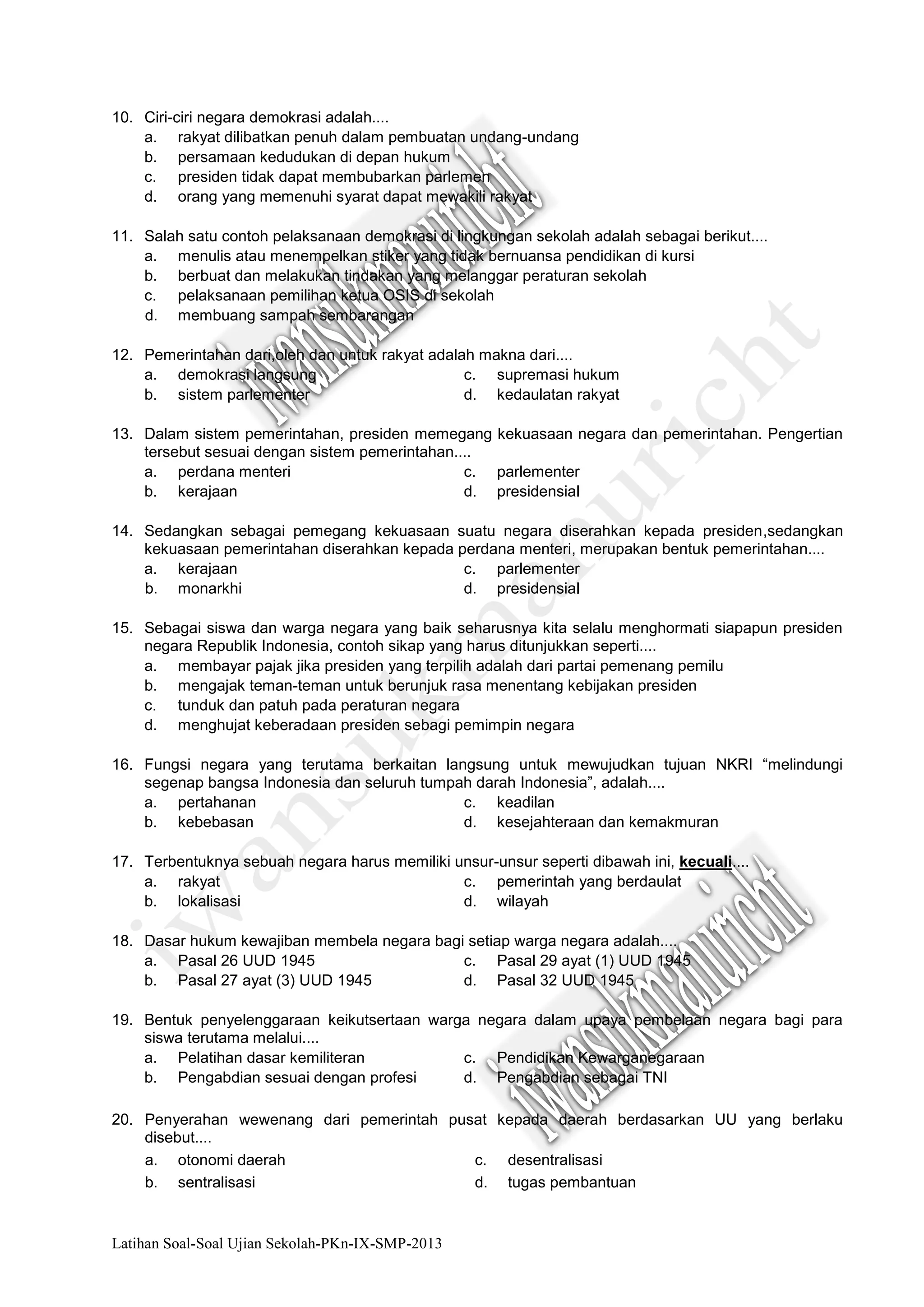 Latihan soal ujian sekolah 2013 pkn smp kelas ix | PDF