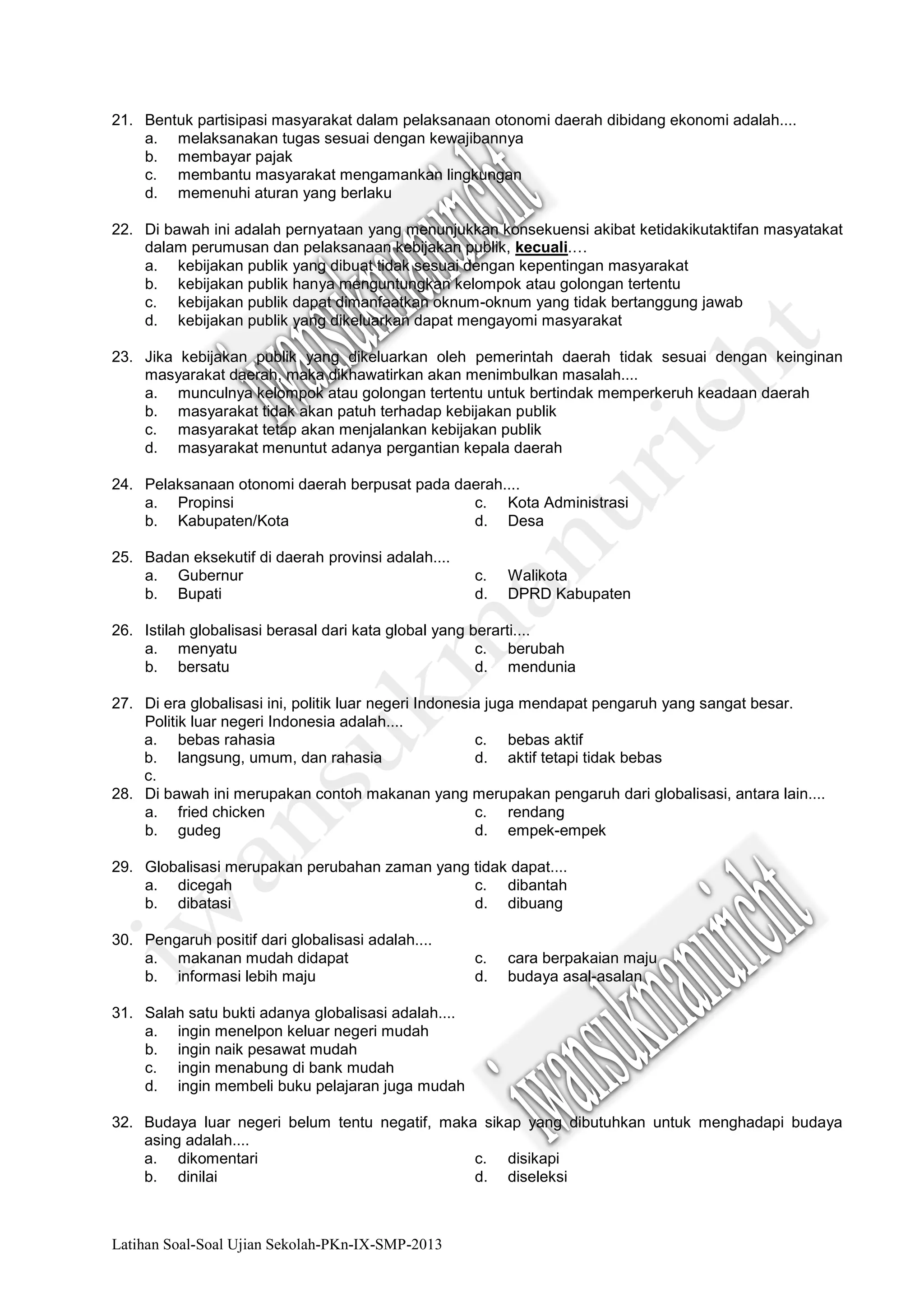 Latihan soal ujian sekolah 2013 pkn smp kelas ix | PDF