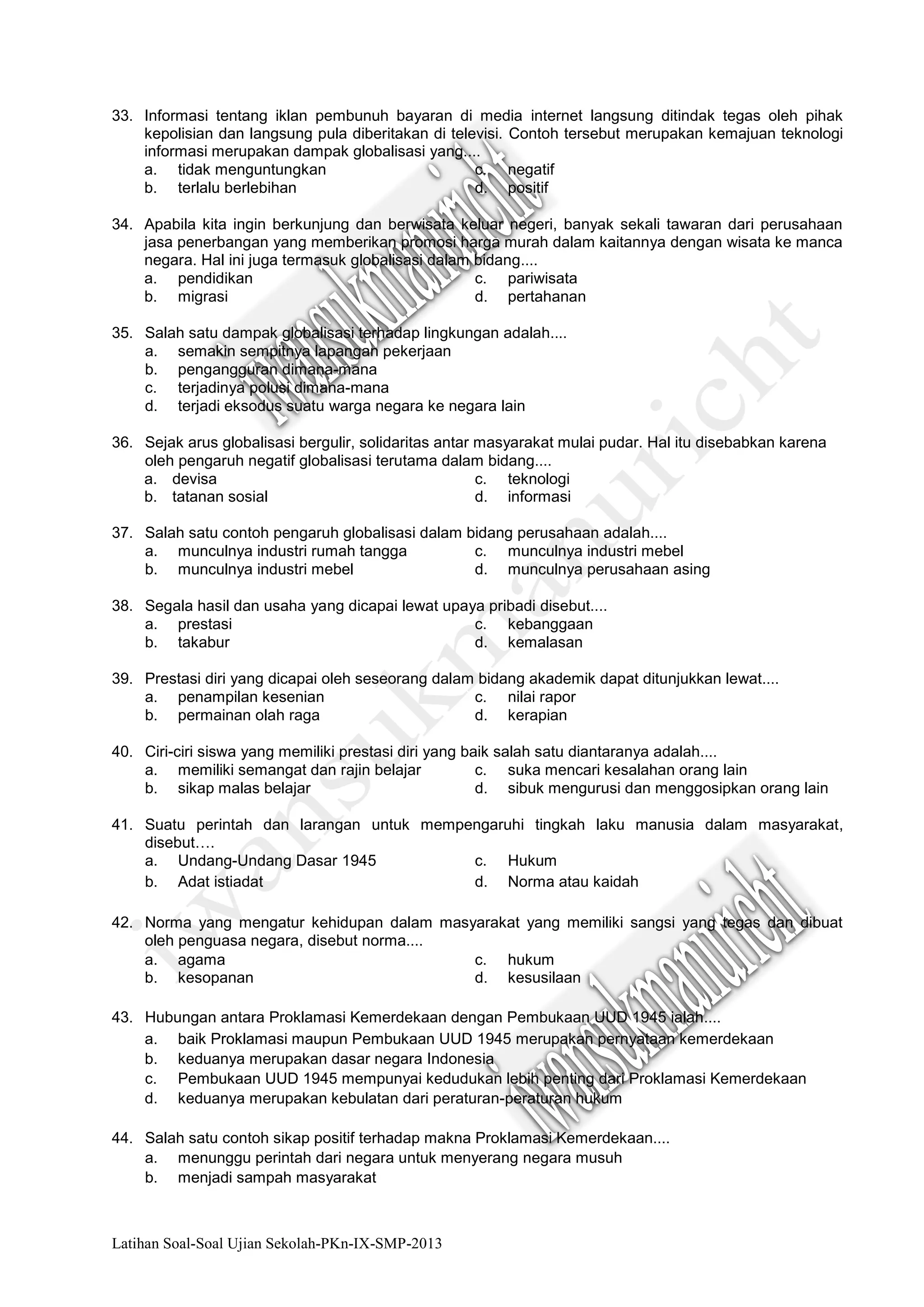 Latihan soal ujian sekolah 2013 pkn smp kelas ix | PDF