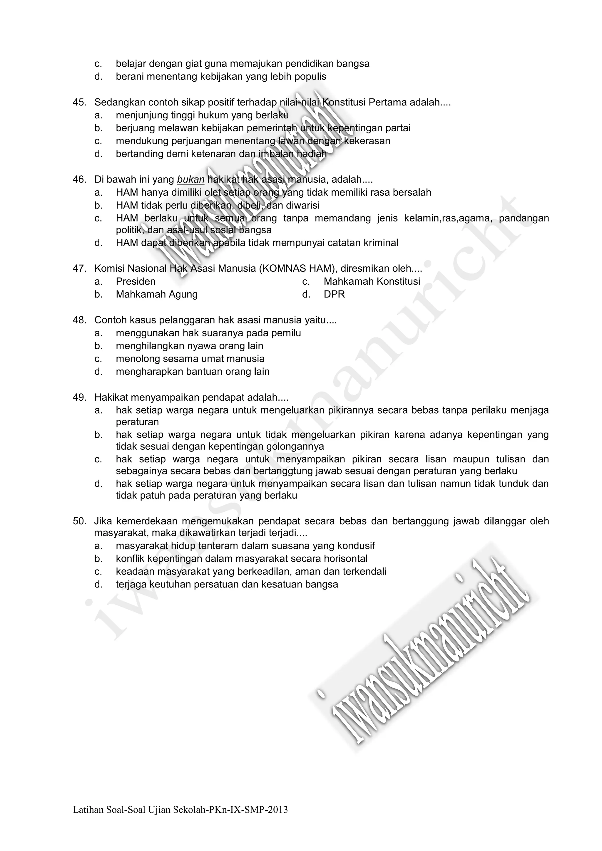 Latihan soal ujian sekolah 2013 pkn smp kelas ix | PDF