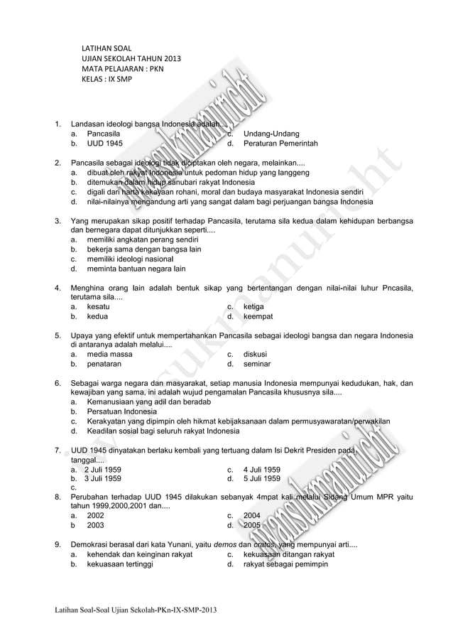 Latihan soal ujian sekolah 2013 pkn smp kelas ix | PDF
