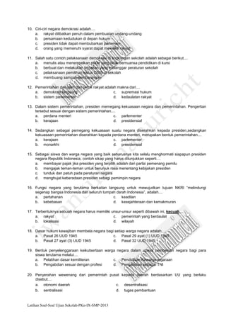 Latihan soal ujian sekolah 2013 pkn smp kelas ix | PDF