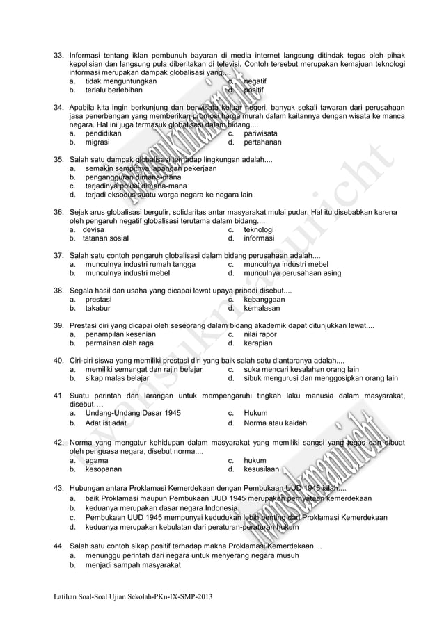 Latihan soal ujian sekolah 2013 pkn smp kelas ix | PDF