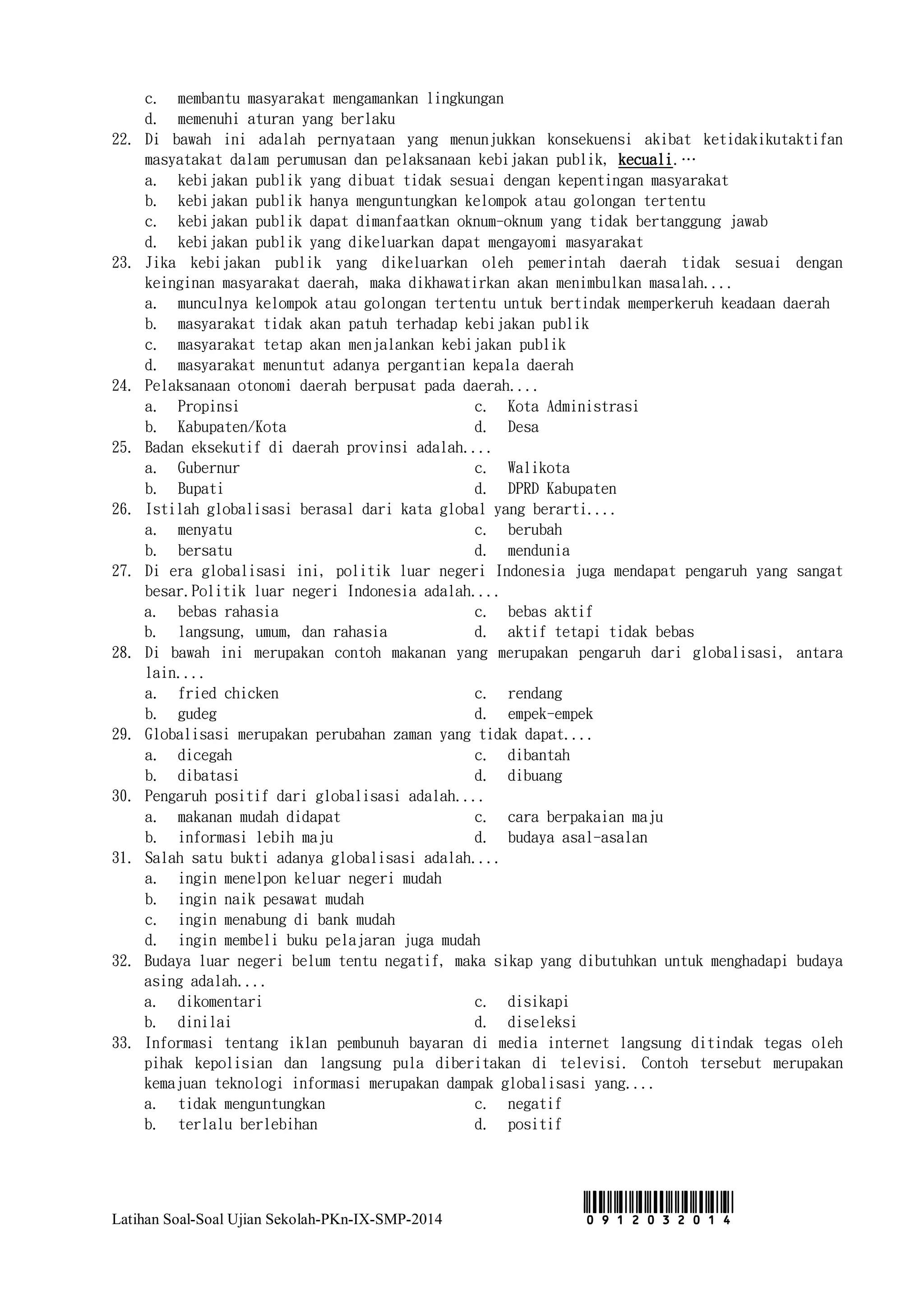 Latihan Soal Ujian Sekolah PKn Kelas IX Tahun 2014 | PDF