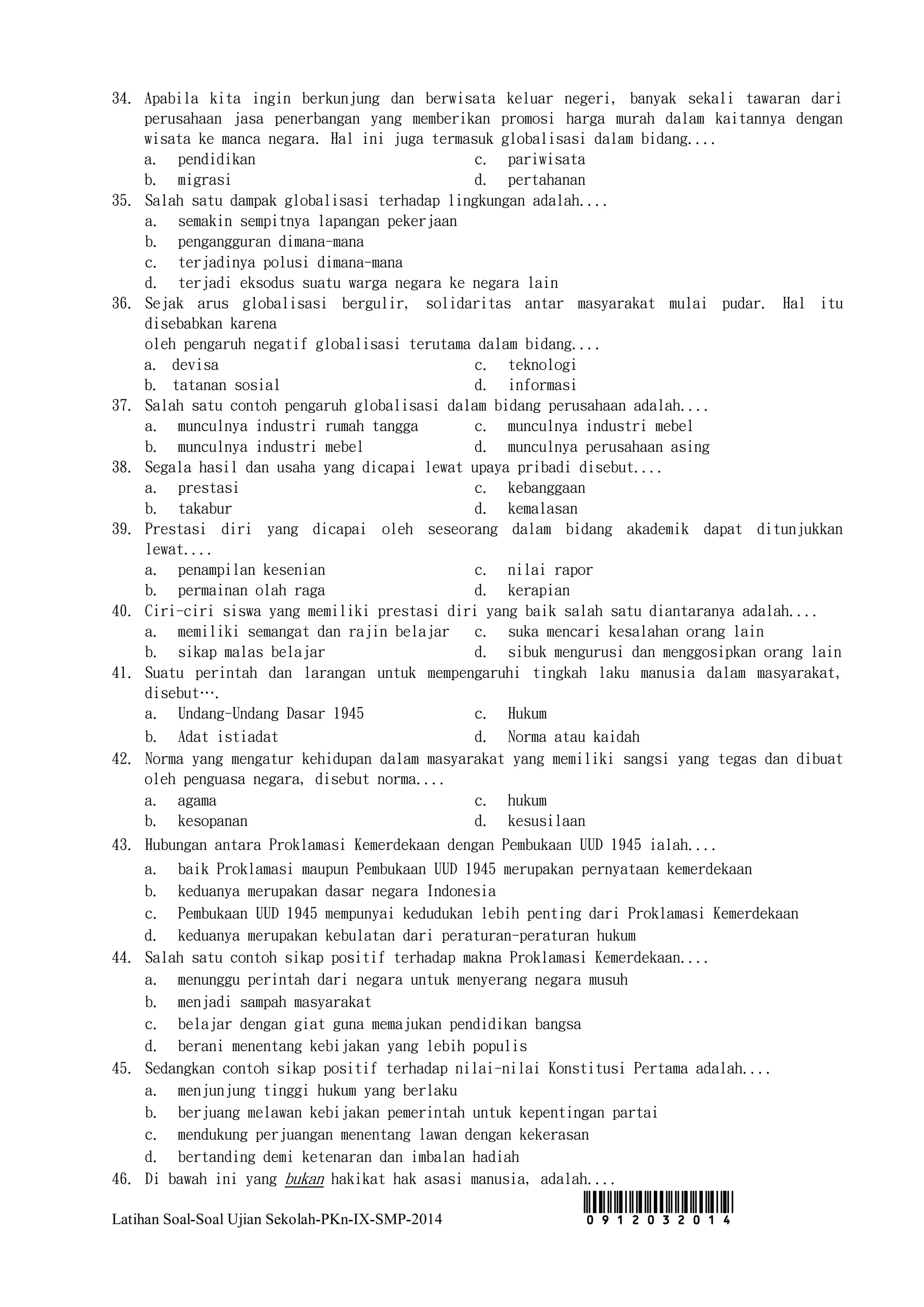 Latihan Soal Ujian Sekolah PKn Kelas IX Tahun 2014 | PDF