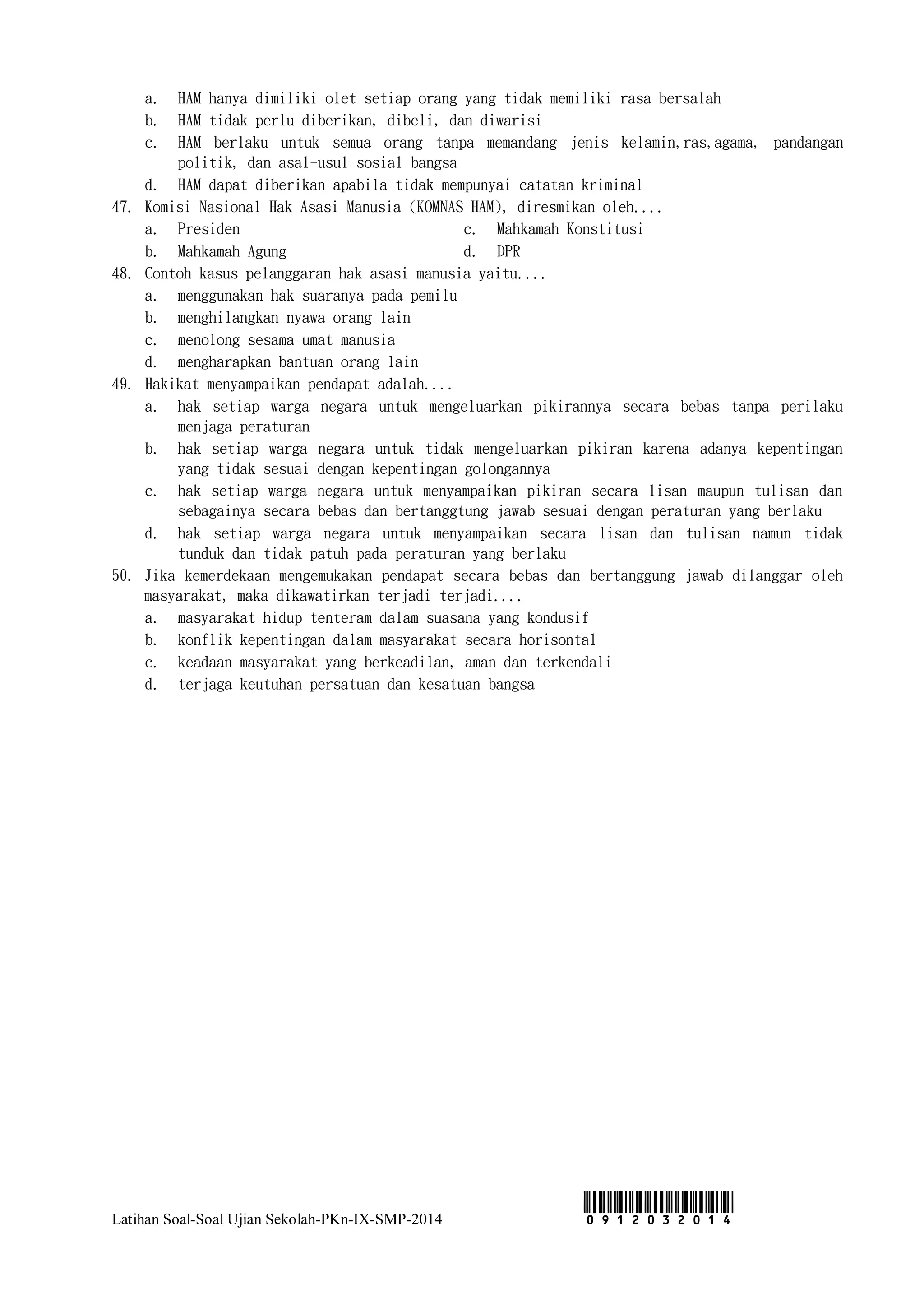 Latihan Soal Ujian Sekolah PKn Kelas IX Tahun 2014 | PDF